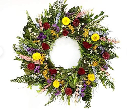 The Gathering Garden Fern and Flower. Dried Cockscomb & Strawflower Floral Spring Summer Fall Wreath 22 inch for Front Door.