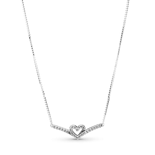 Pandora Sparkling Wishbone Heart Collier Necklace - Adjustable Necklace with Slider Clasp - Jewelry for Women - Sterling Silver & Cubic Zirconia - 17.7"