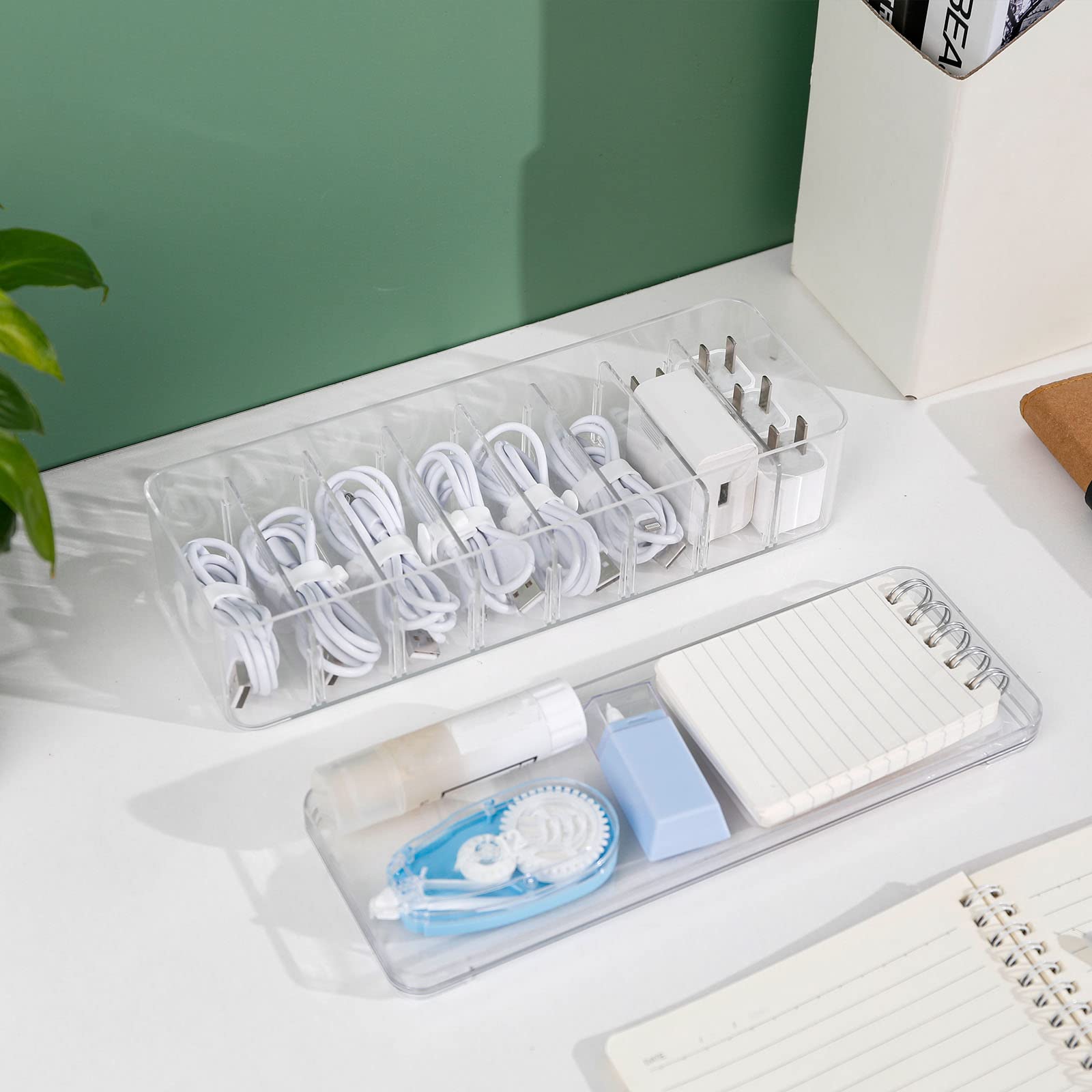 Yesesion Clear Plastic Cable Organizer Box with Adjustment Compartments, Desk Accessories Storage Case with Lid and 10 Wire Ties for Drawer, Office, Art Supply, Electronic Management