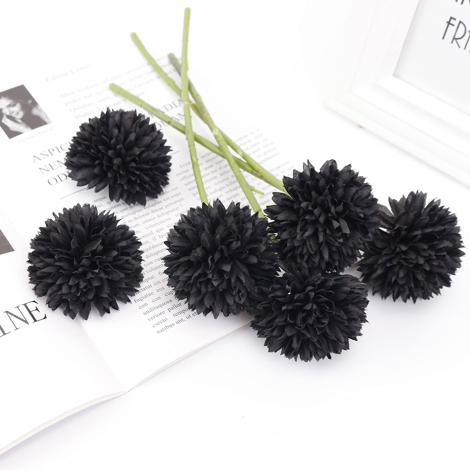Serra Flora Artificial Flowers Fake 7cm Chrysanthemum Ball Bouquet Flowers Silk Plastic Artificial Hydrangea 6 Heads Bridal Wedding Bouquet for Home Garden Party Wedding Decoration (Black)¡