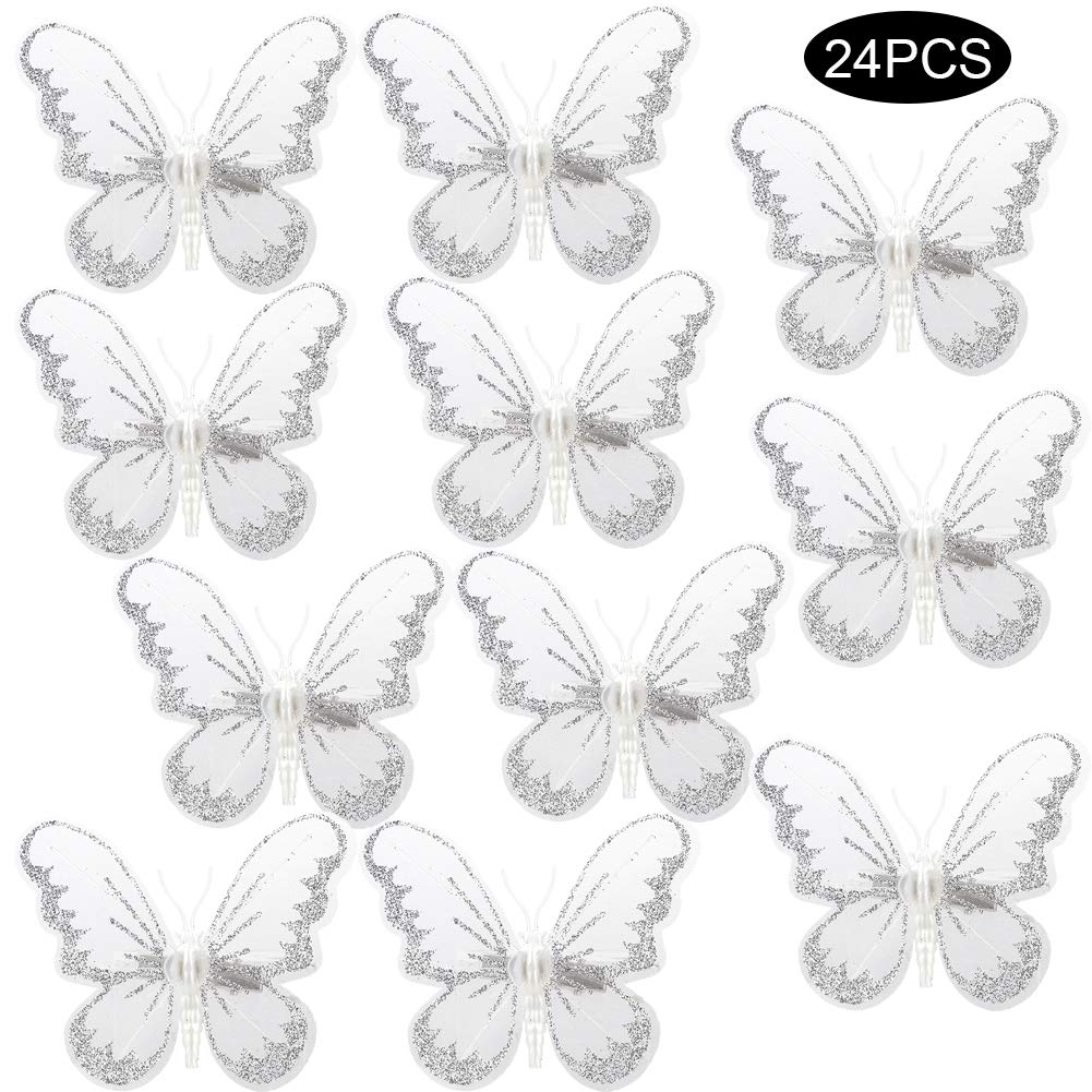 RTWAY Glitter Christmas Butterfly, 24 PCS 3D Glitter Artificial Butterfly Clip on Christmas Tree Ornaments for Wedding Holiday Party Home Decor