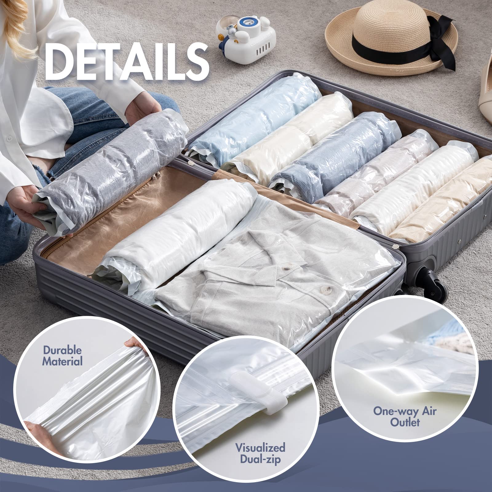 TAILI 12 Pack Travel Compression Bags, Roll Up Space Saver Bags (6 Large, 6 Medium), No Vacuum Needed Reusable Packing Bags for Luggage, Suitcase, Backpack, Travel Essentials