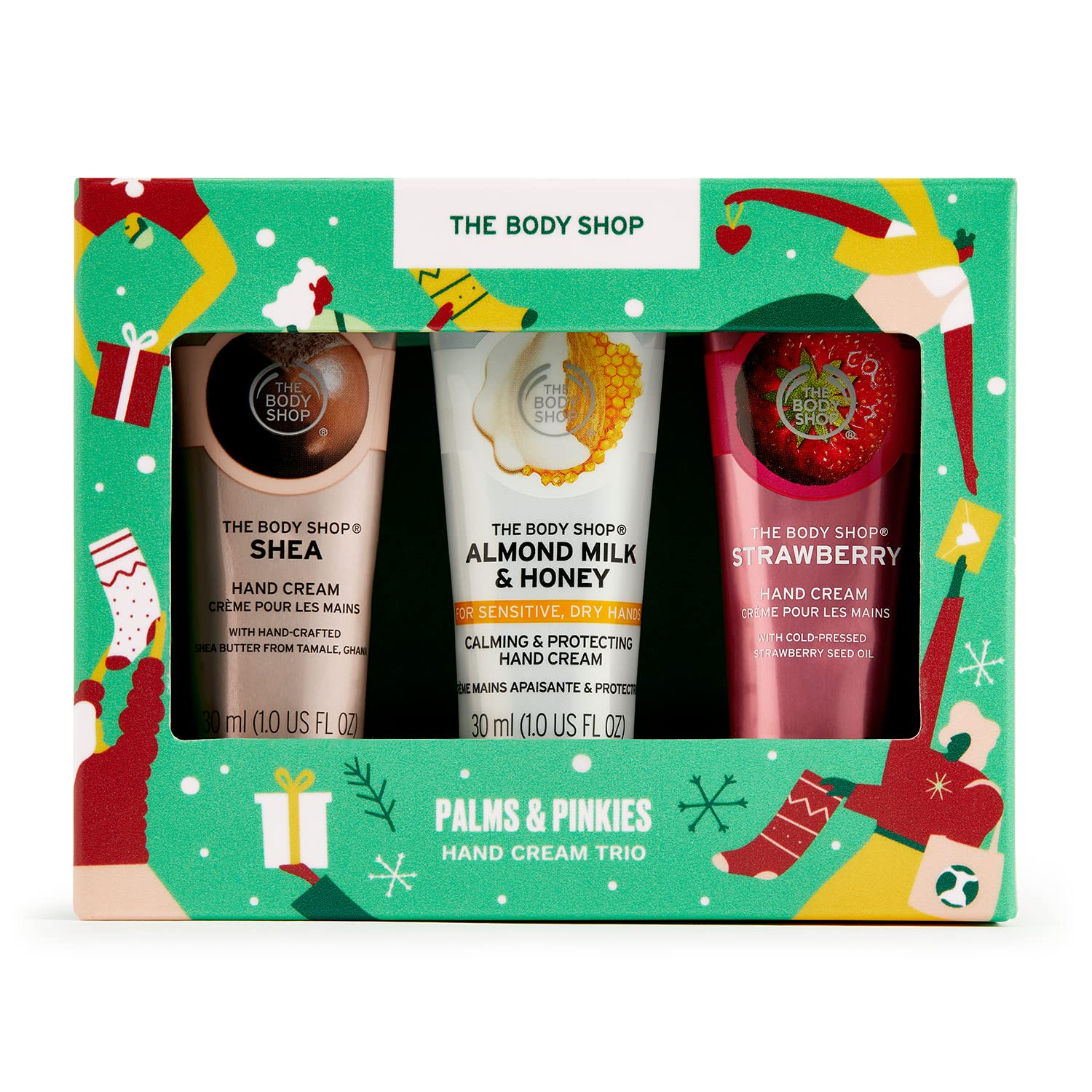 The Body Shop Palms & Pinkies Hand Cream Trio Gift Set, Keeps Hands Soft, Almond Milk & Honey, Strawberry, Shea