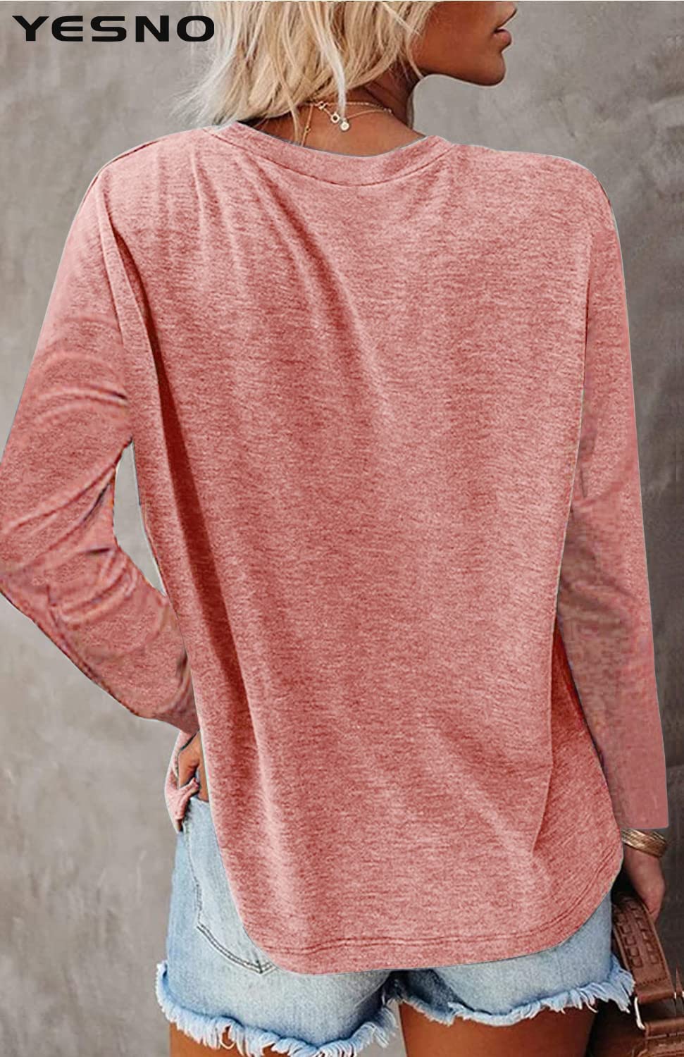 YESNO Women Casual Loose Long Sleeve Shirts Crewneck Solid Tops Pullover Sweatshirts with Pocket TY2 (M TY2 Pink)
