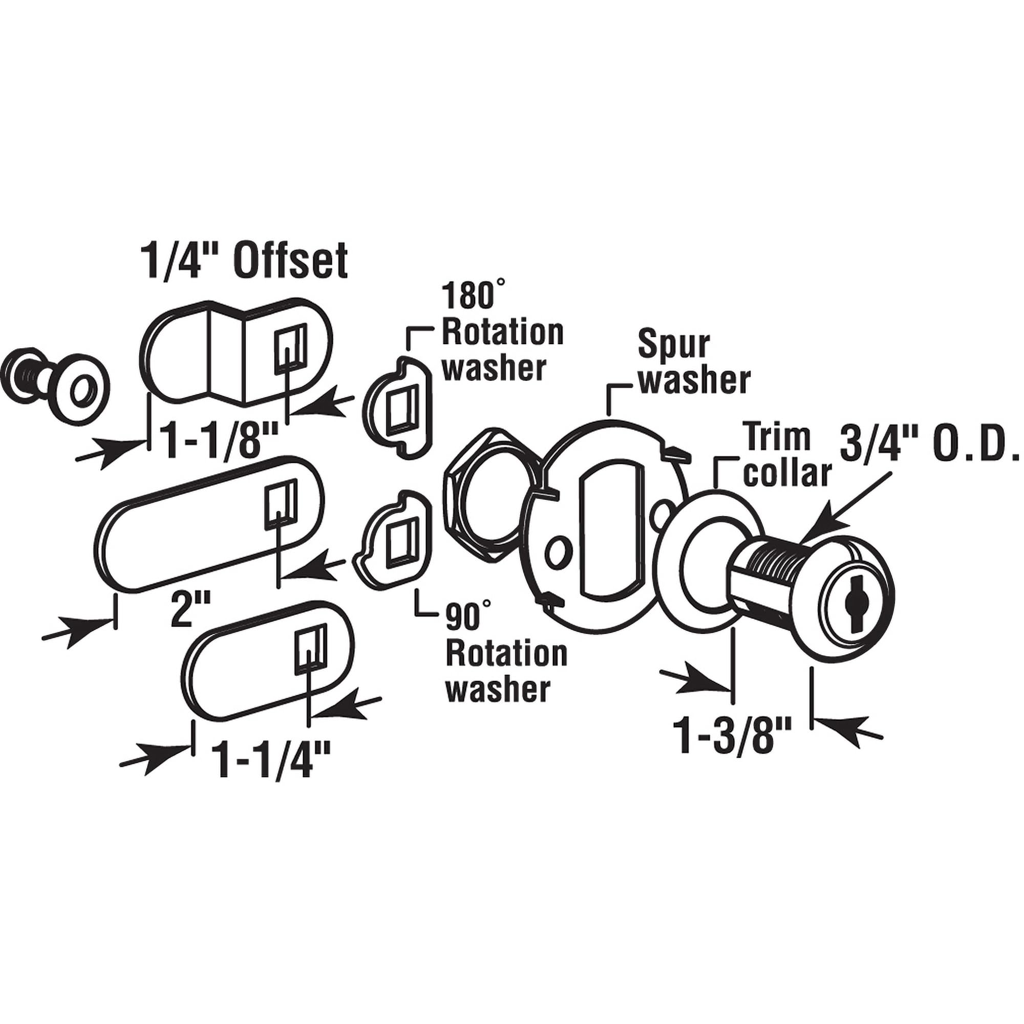 Prime-Line U 9950KA Diecast Keyed Alike Drawer and Cabinet Lock – 3 Cams, Trim Collar, 2 Washers, 2 Keys and Fasteners – 1-3/8 in. Length for 1 in. Max Panel Thickness, Stainless Steel (1 Set)