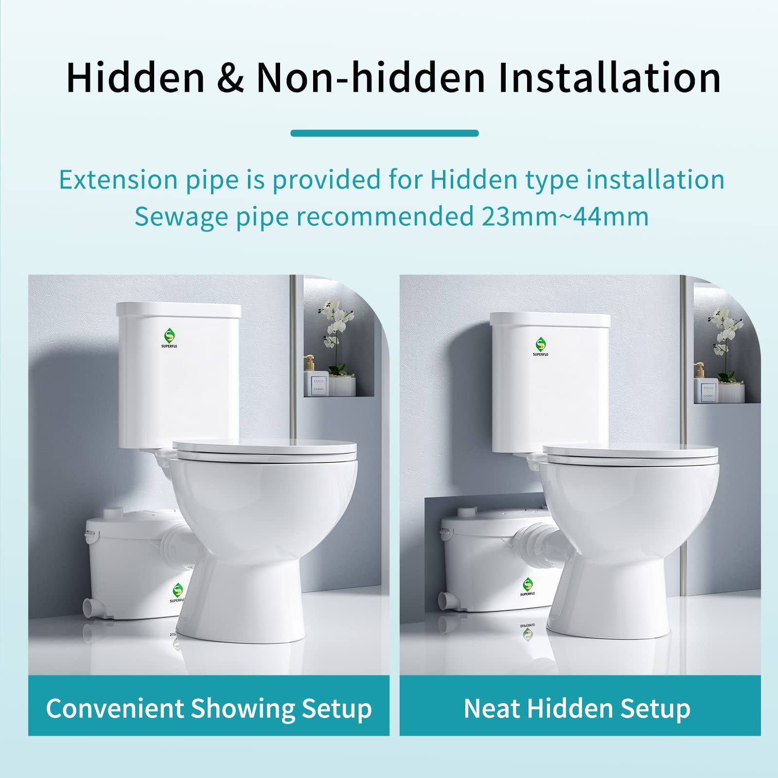SUPERFLO Macerating Toilet System Silent & Powerful Upflush Toilet to Bathroom Sink &Tub with 600W Toilet Pump & AC Vent for Basement