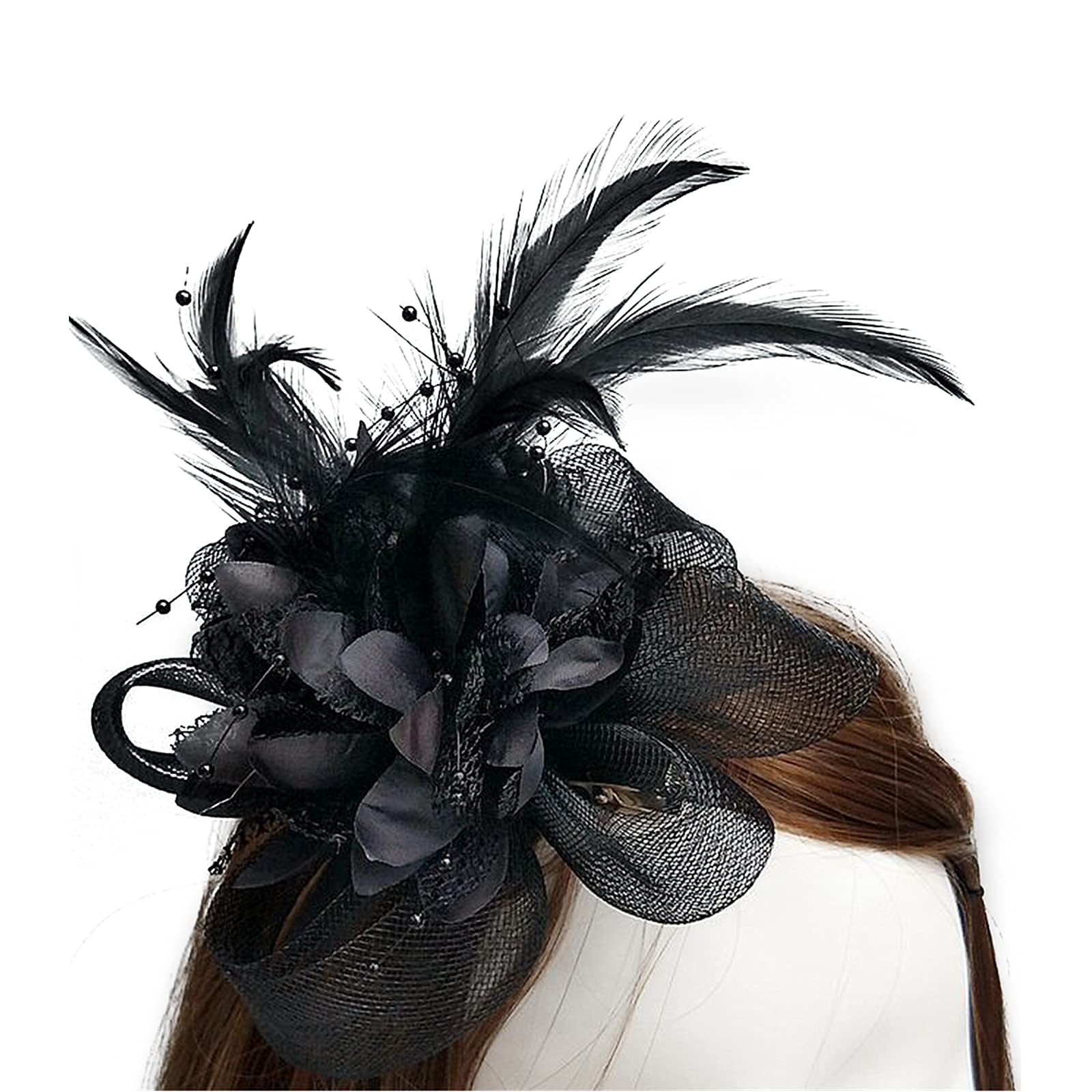TS Accessories Headwear Elegant Luxurious Feather Mesh Fascinators Hair Clip for Wedding/Banquet/Party/Church(Black)