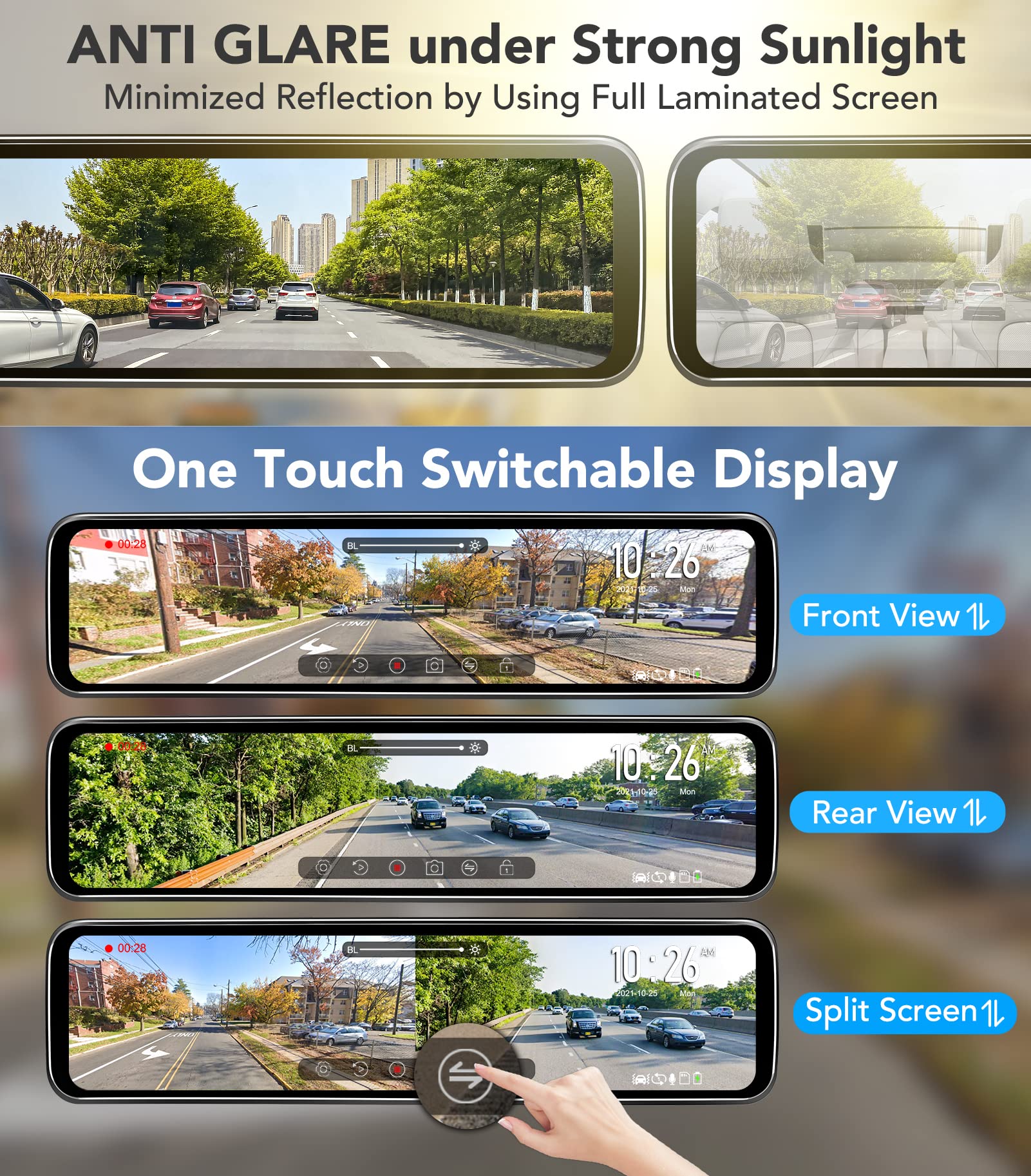 URVOLAX Mirror Dash Cam Backup Camera,11''Rear View Mirror Camera with Detached Front and Rear Cam for Car,Anti Glare Full HD Split Screen 1296P,Night Vision,Parking Assist,GPS,SD Card