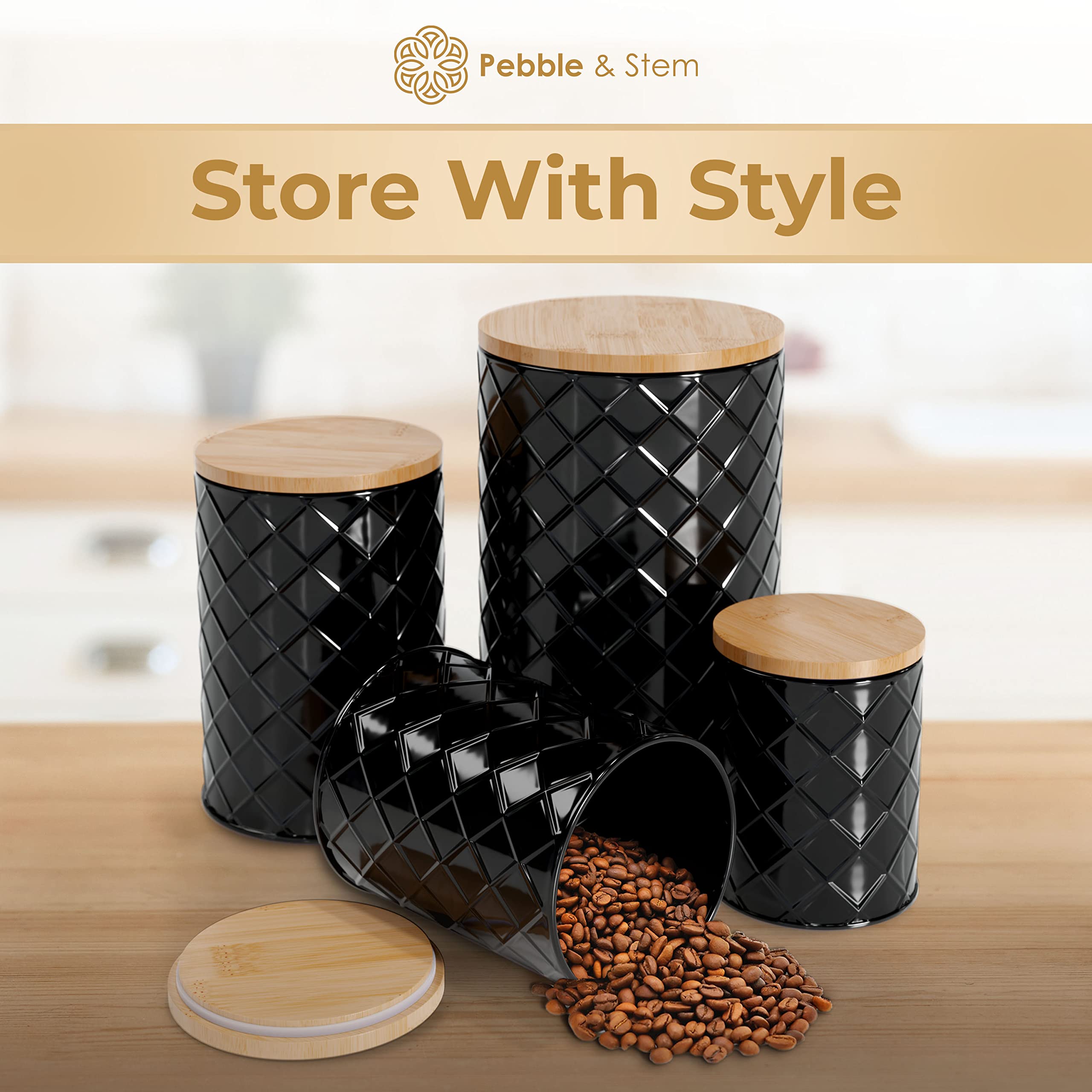 Pebble & Stem Blue Metal Canisters Sets for Kitchen Counter, Kitchen Canisters Set of 4, Airtight Countertop Flour and Sugar Containers, Coffee and Tea Storage, Modern Farmhouse Kitchen Decor