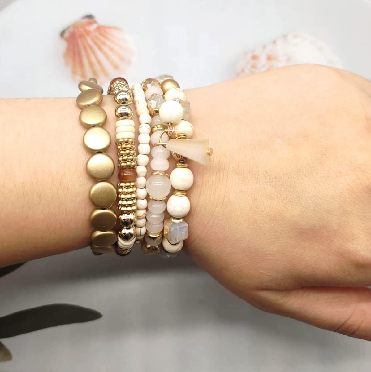 Svovin 6Sets Bohemian Mix Bead Multi Layer Versatile Statement Bracelets Stackable Beaded Strand Stretch Bangles Sparkly Crystal Tassel Charm Jewelry Gifts