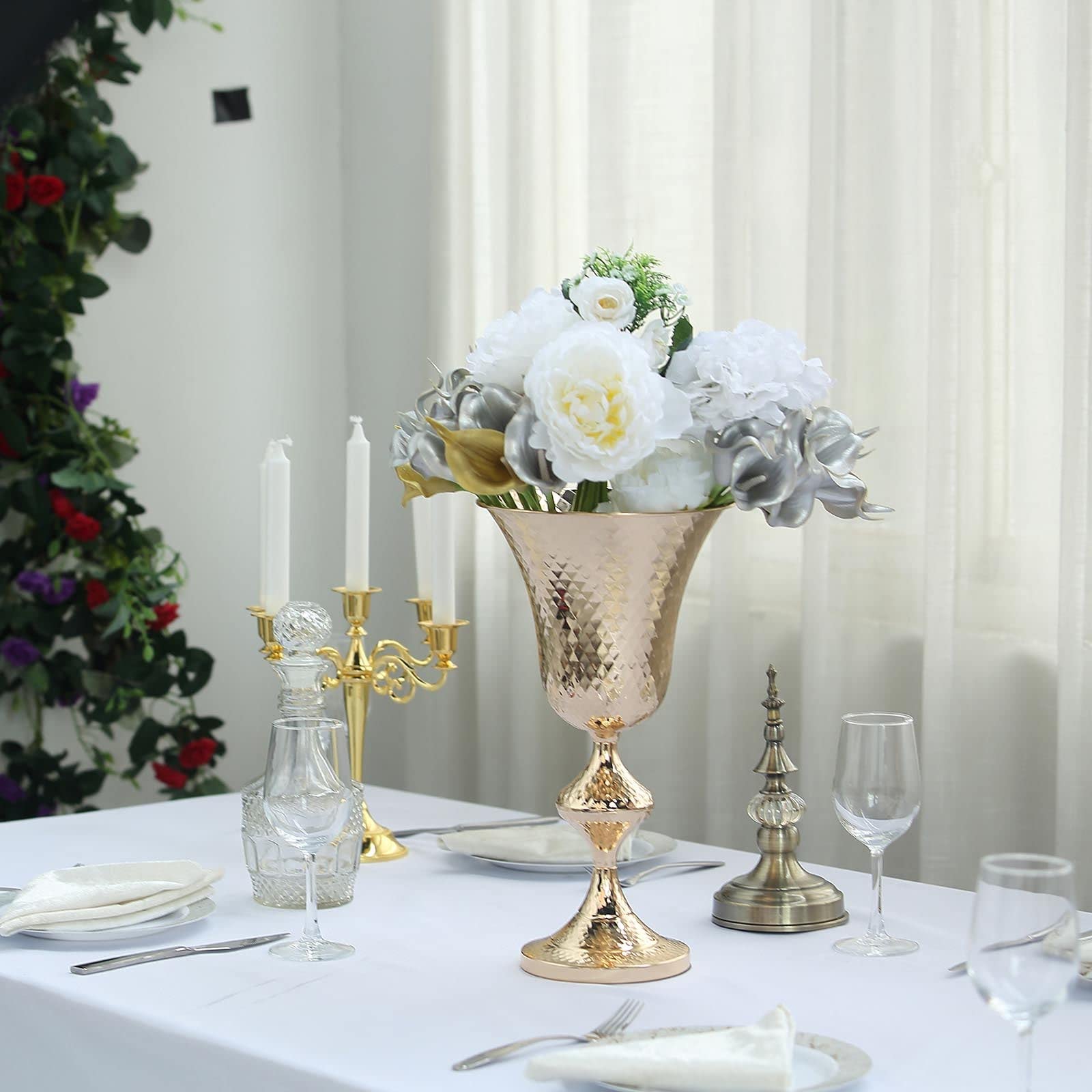 TABLECLOTHSFACTORY 16" Gold Hammered Style Metal Trumpet Vase Centerpiece Gold Vase Dining Room Coffee Table Decorative Centerpiece