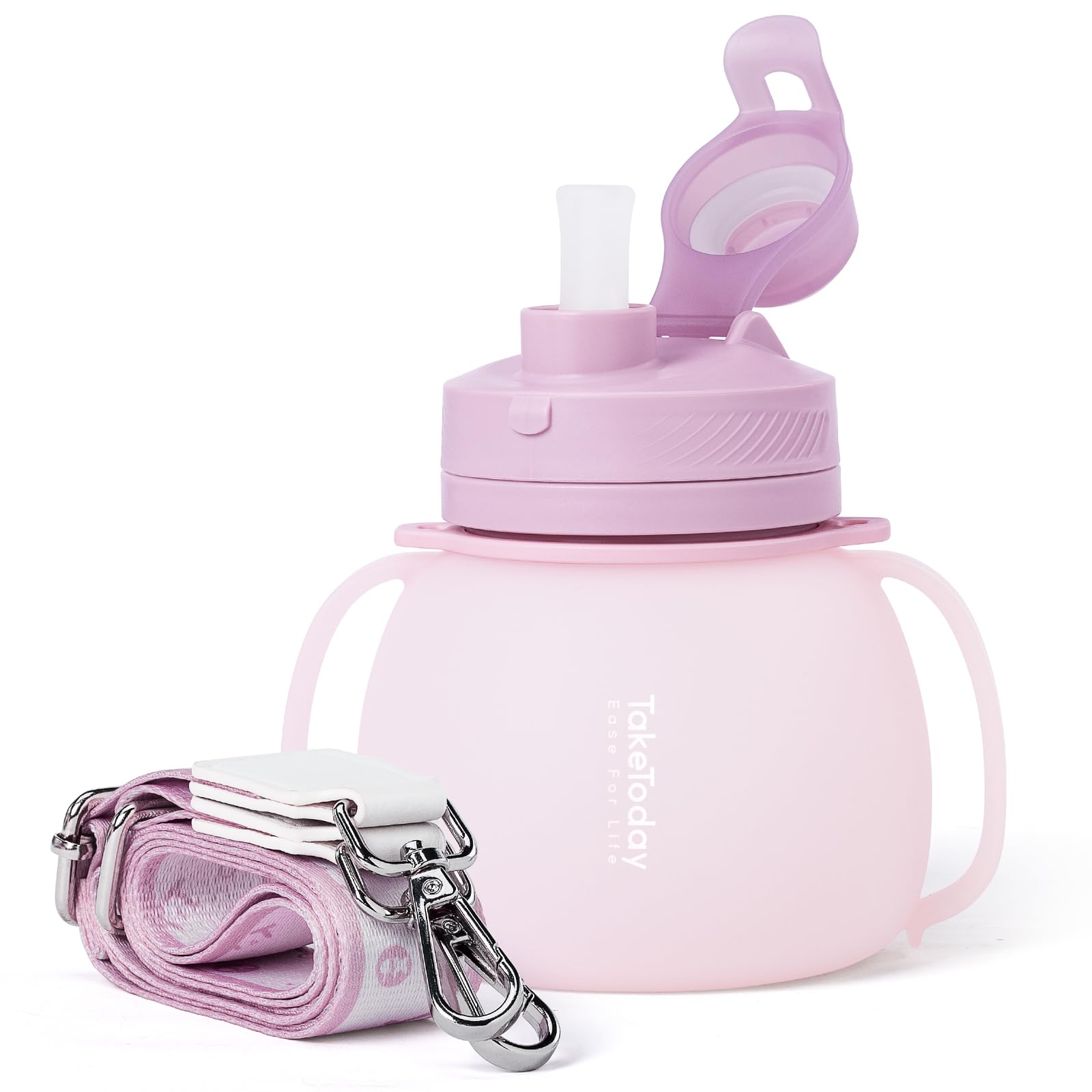 TakeToday Kids Water Bottle for School, Silicone Collapsible Water Bottle, 20 OZ Travel Water Bottle with Straw and Strap, BPA-Free Reusable Leakproof, Purple