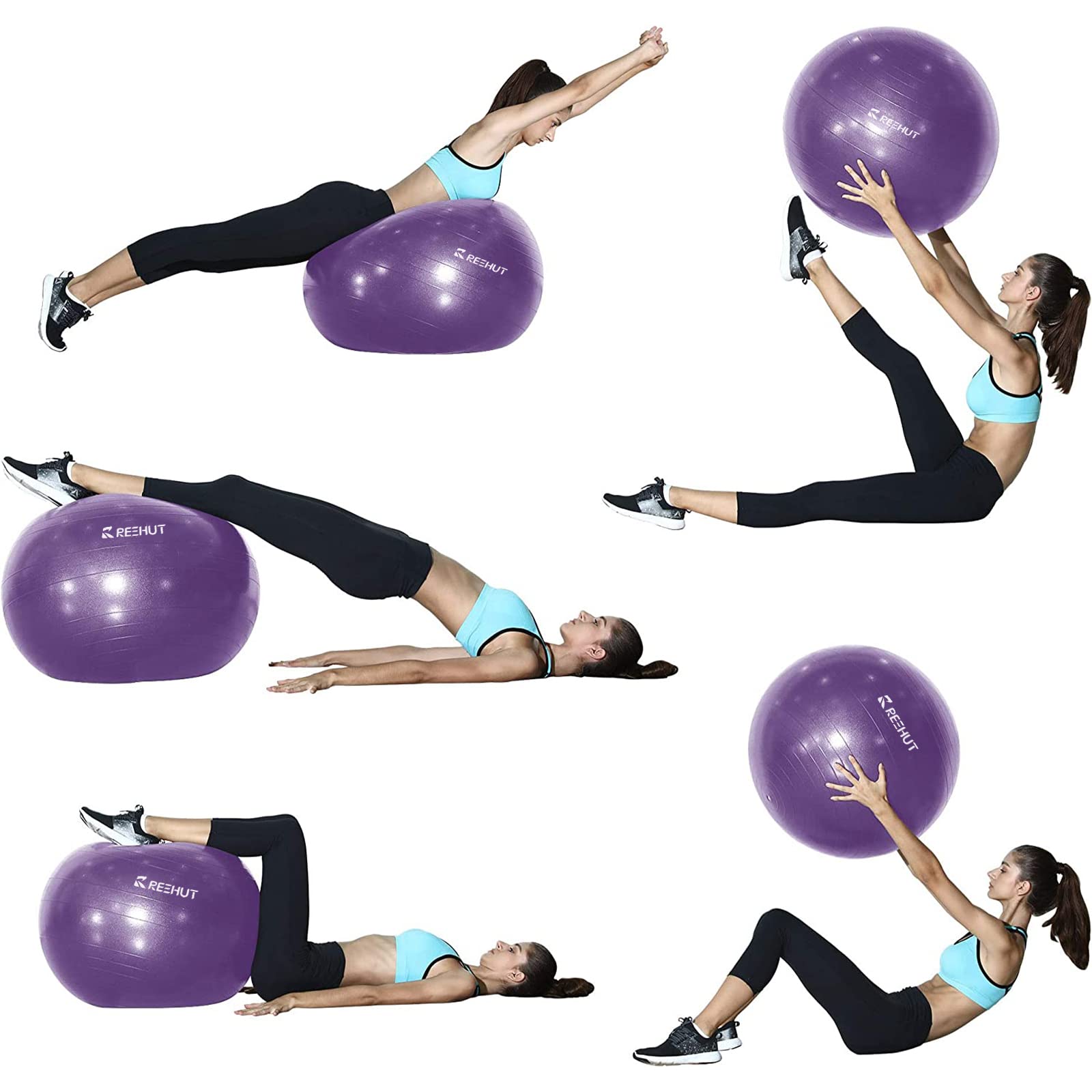 Reehut Anti-Burst Core Exercise Ball for Yoga, Balance, Workout, Fitness w/Pump (Purple, 55CM)