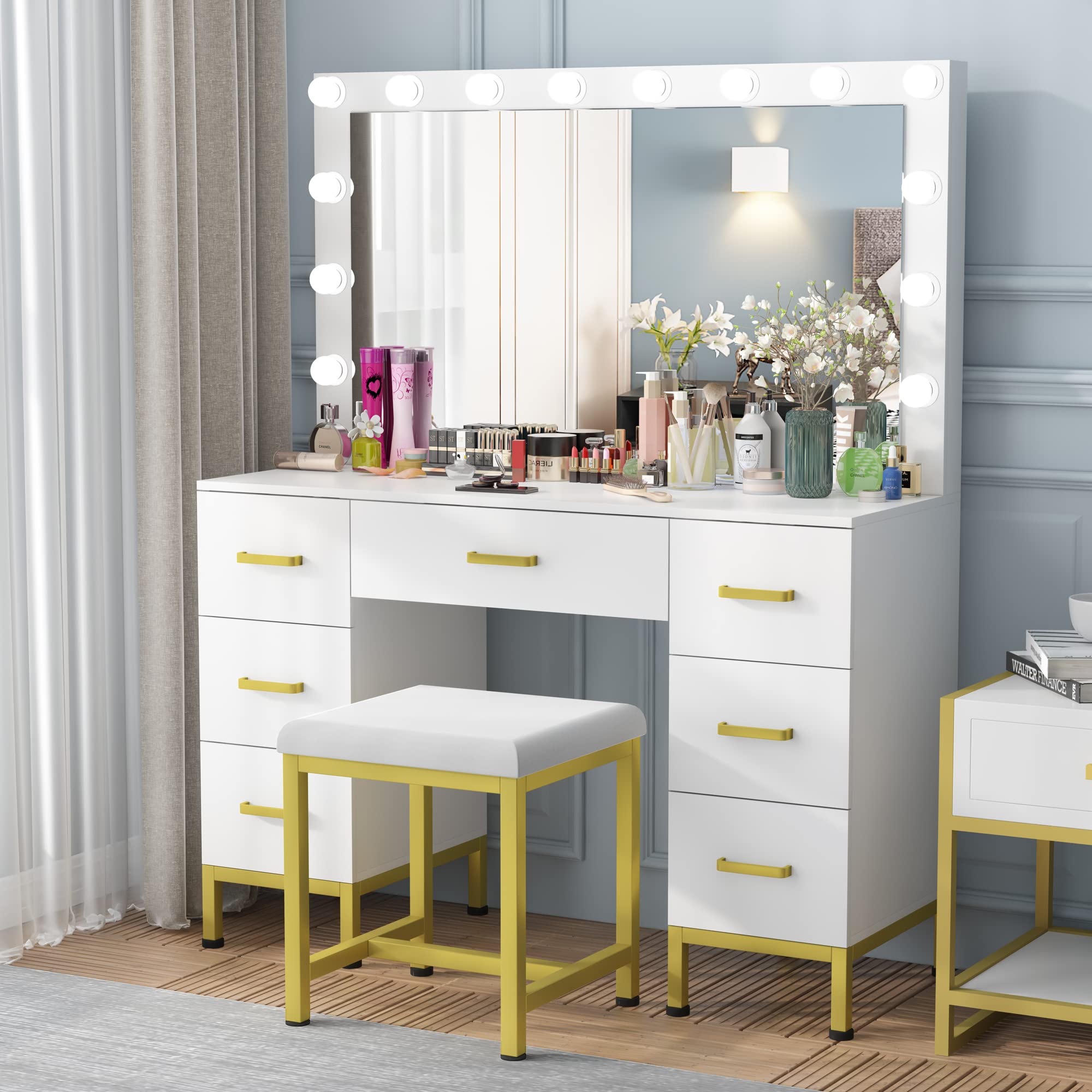 PAKASEPT Modern Makeup Vanity with Lighted Bulbs, 44'' Vanity Desk with Mirror and Lights, 7 Drawers, 14PCS LED Bulbs, Cushioned Stool, Black Vanity for Bedroom