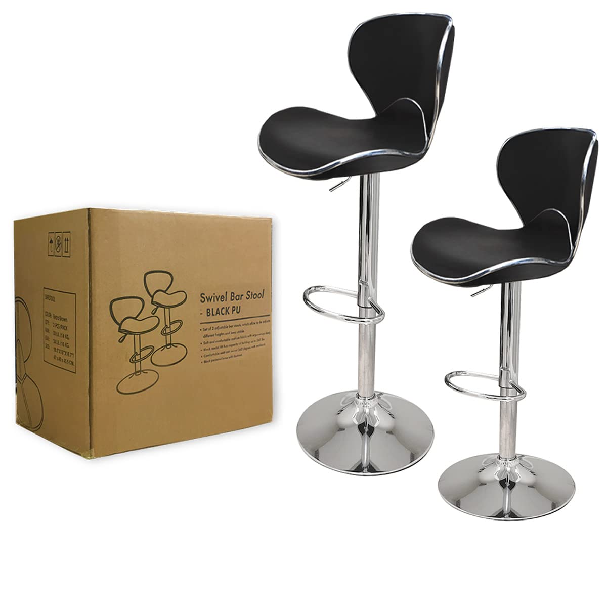 Set of 2 Height Adjustable Hydraulic PU Leather Bar Stool Pub Chair Kitchen Island Counter, with Backrest
