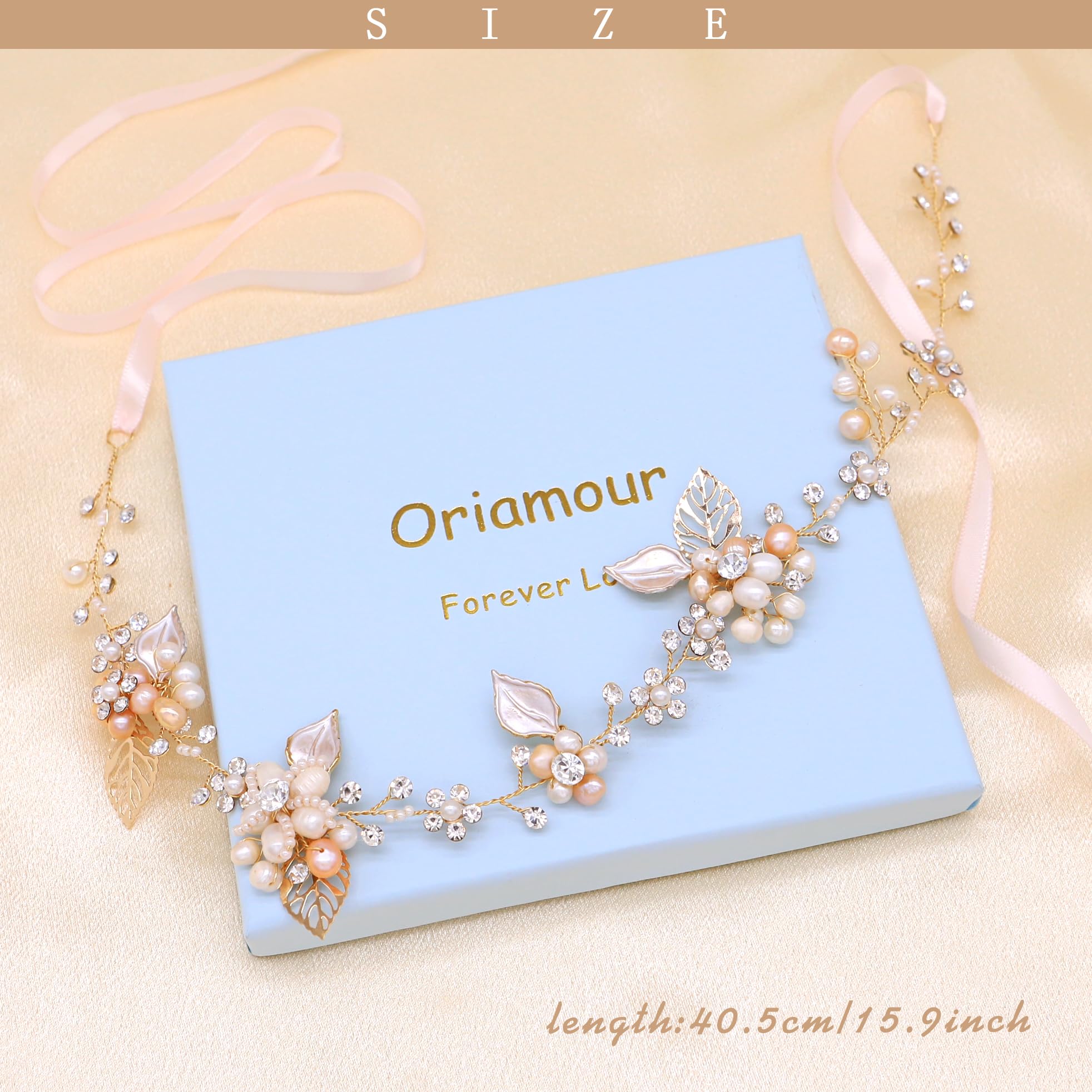 Oriamour Bridal Crystal Headband with Freshwater Pearls Flower Design Wedding Hair Accessories (Gold)