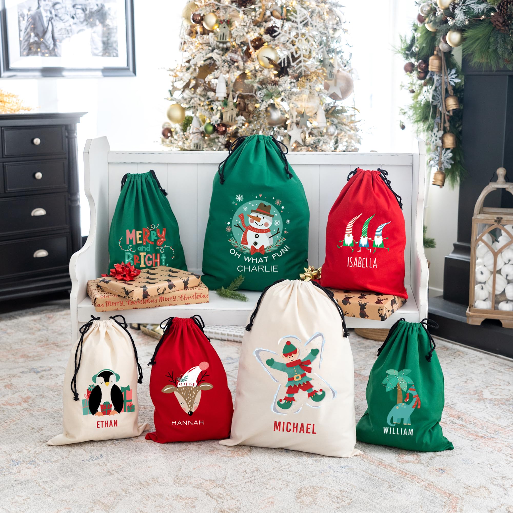 Qualtry Personalized Santa Sack Christmas Bag for Kids Presents (Snowman Design, Red 19.5” x 26”) - Large Cotton Sack with Drawstring - Giant Toy Bag with Name