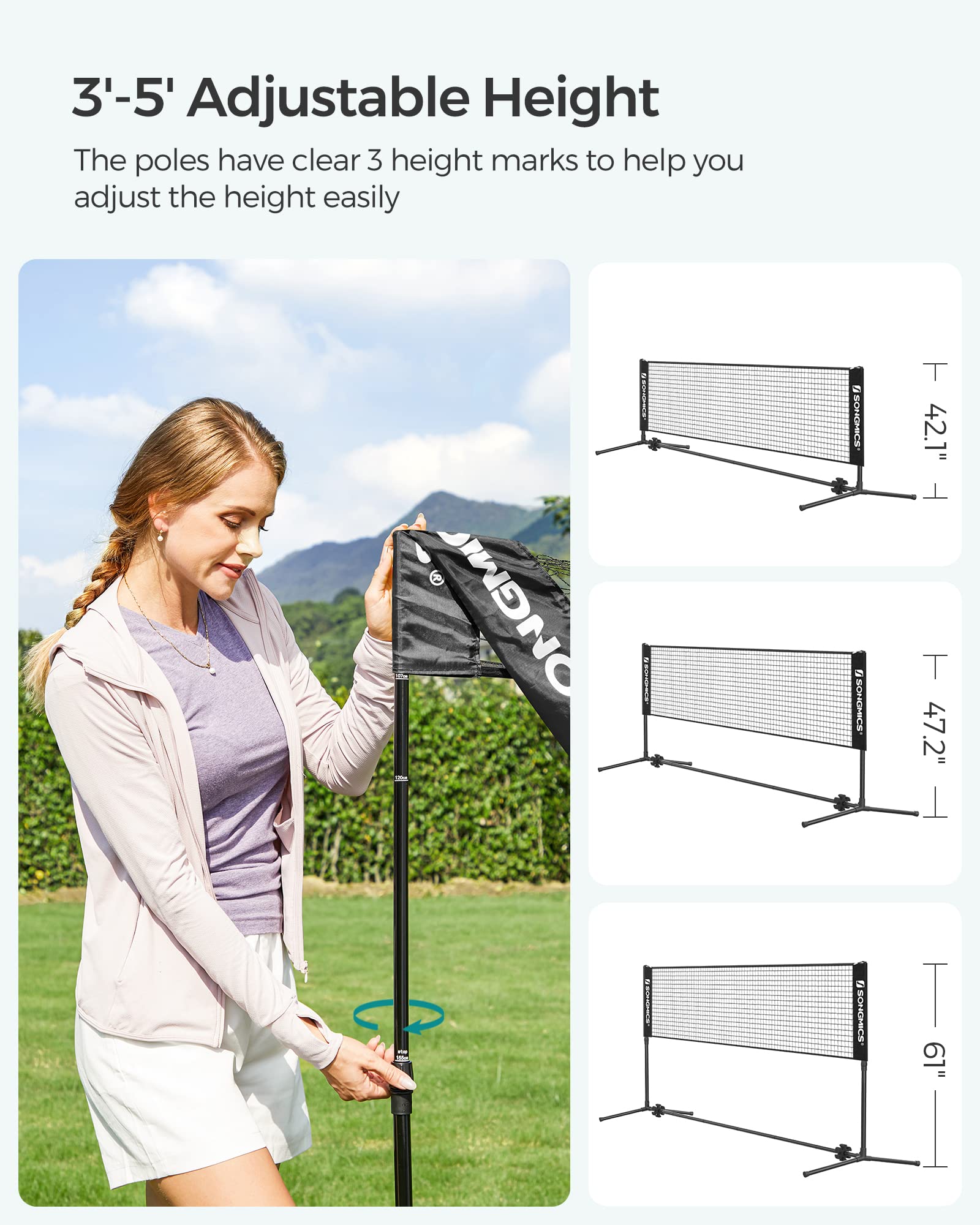 SONGMICS 10 ft Badminton Net, Height Adjustable Volleyball Net, Pickleball Net with Poles, Foldable Nylon Net for Tennis Indoor Outdoor Court, Black USYQ300HV1