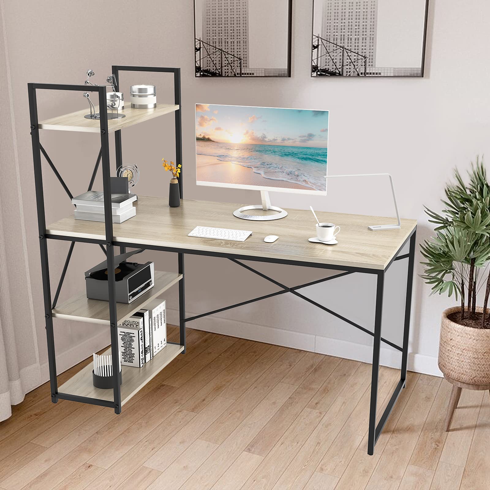SMAGREHO Computer Desk with 4 Tier Shelves, Reversible Writing Study Table with Bookshelves, Modern Simple Compact Home Office Workstation, Oak
