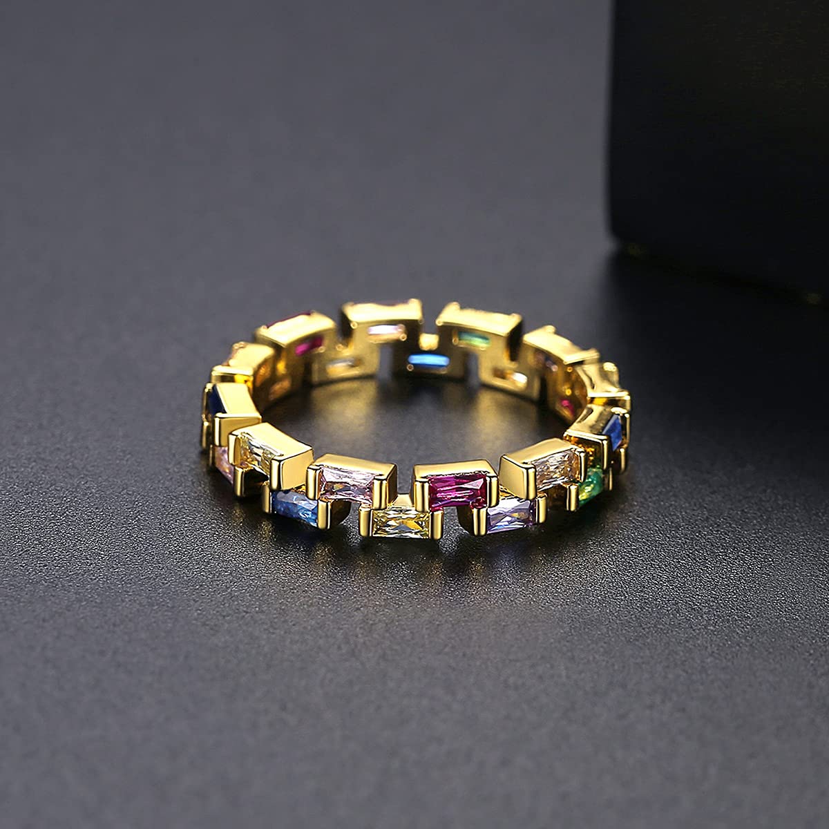 TEEMI-Eternity 18K Gold Plated Rainbow Colorful Cubic Zirconia Emerald Cut Eternity Ring Band Bling Ring (7)