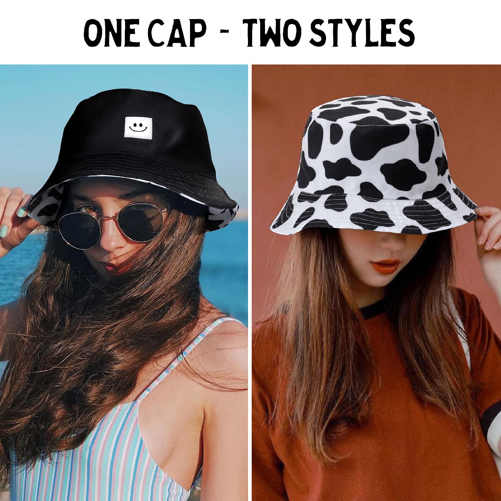 XSKJY Reversible Smiley Face Bucket Hat Print Bucket Hat for Women Vacation Travel Beach Sun Cap