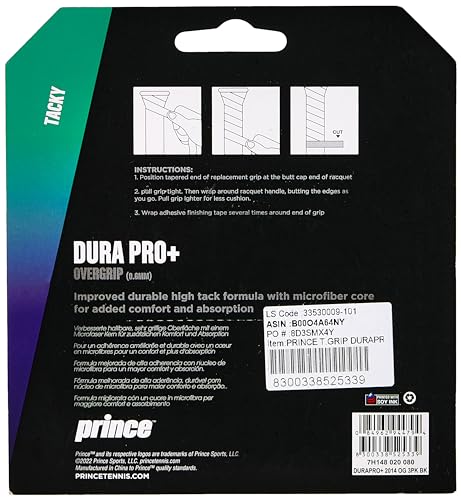 Prince Overgrip Dura Pro Plus Set of 3 Grips, Overgrip Dura Pro Plus 3er, Black, Standard