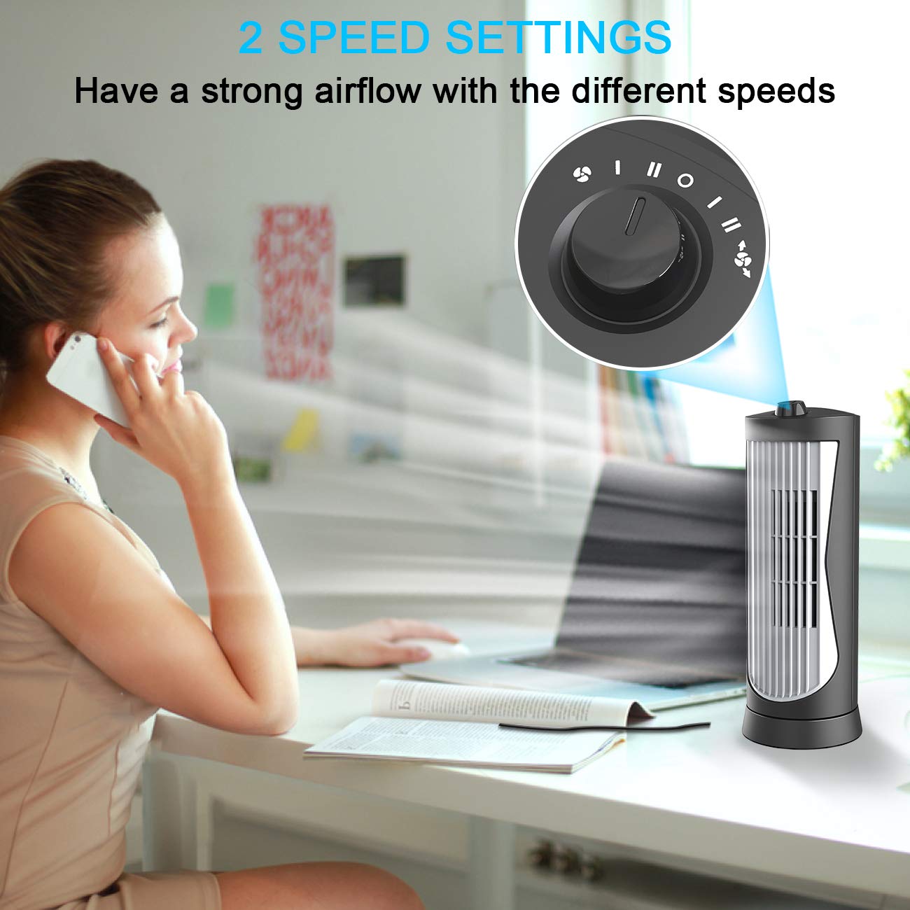 Small Tower Fan, Cooling Fan, 13 inch Desk Fan Electric Oscillating Tower, 2 Settings, Turbine Technology, Rotating Standing Fan for Home Office Tabletop