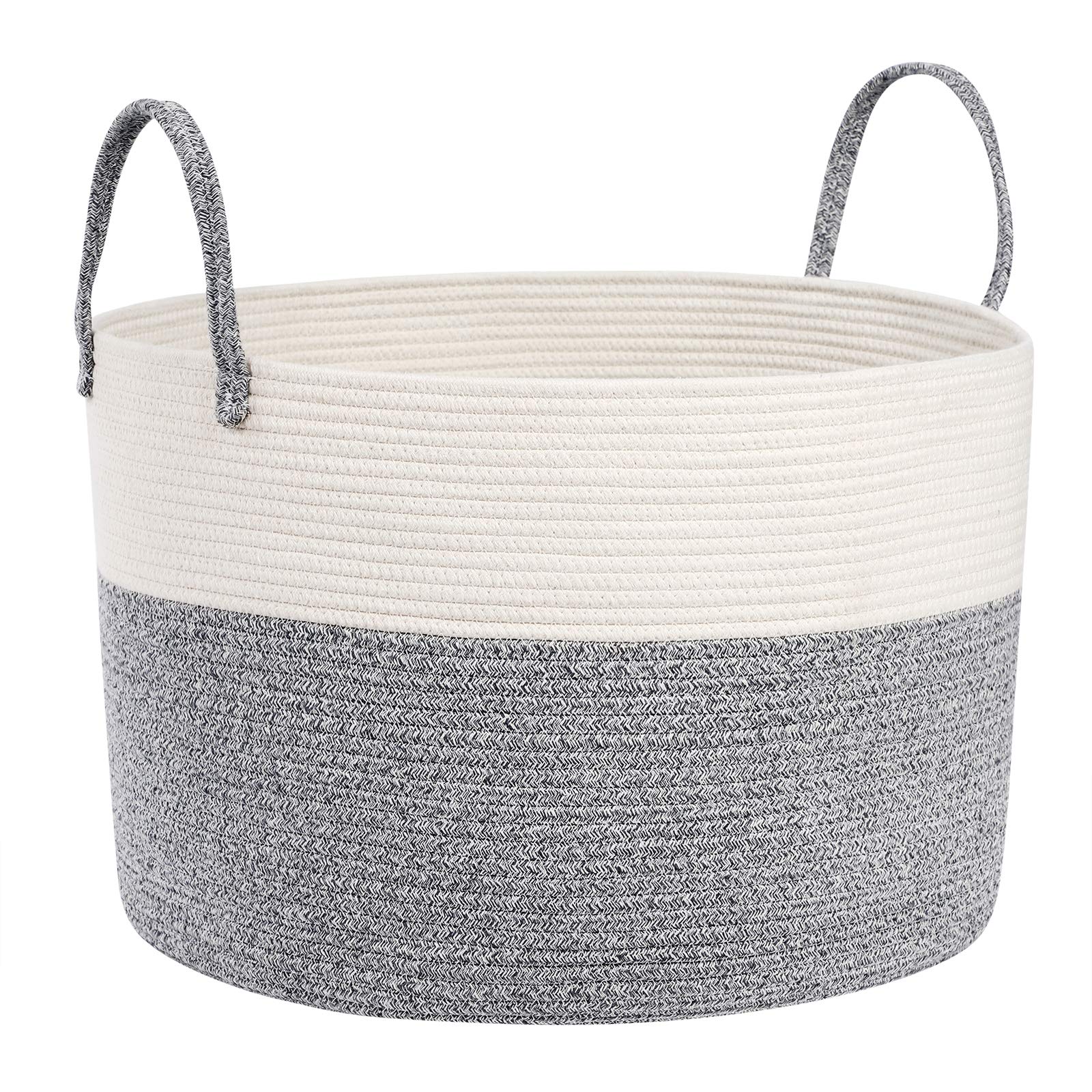 SONGMICS Cotton Rope Basket Storage with Handles, Laundry Hamper for Clothes, Blankets, Living Room, Bedroom, Gray + Beige