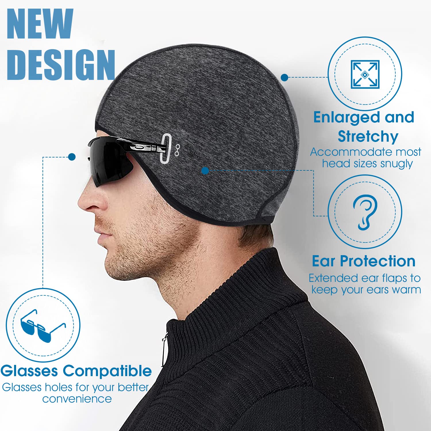 Skull Cap Beanie Helmet Liner for Men Women, Moisture Wicking Cycling Cap Full Cover Ears Hard Hat Liner Winter Cycling Cap