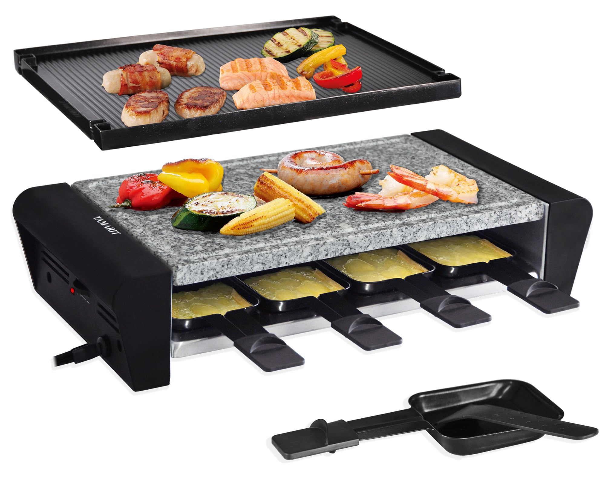 TAMARIT Raclette Table Grill 3-in-1 Electric Grill Portable, Korean BBQ Grill Indoor with 8 Paddles, Dishwasher Safe Reversible Non-stick Aluminum Plate & Grill Stone for Parties and Family Gatherings