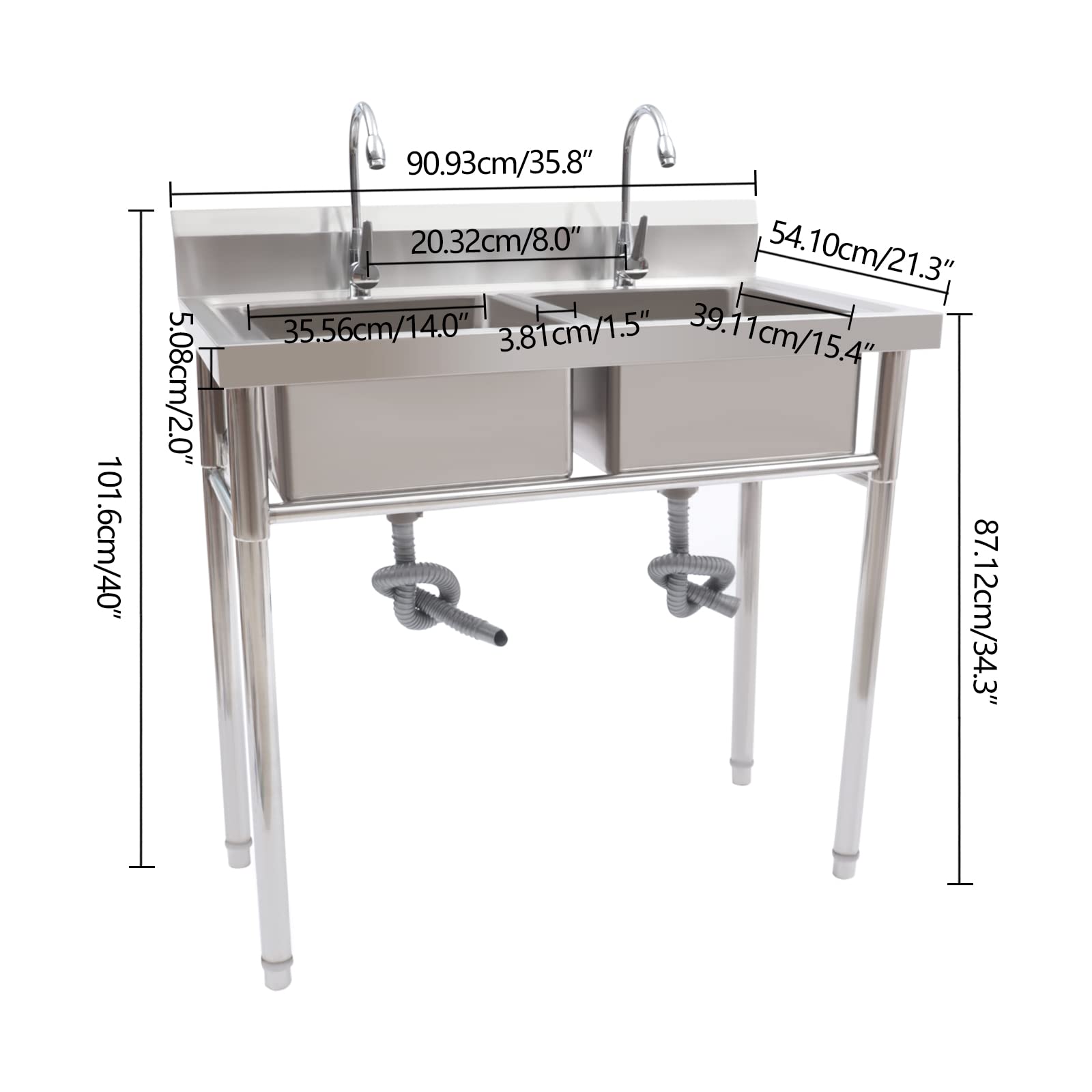 PaNeTnya Free Standing Double Bowl Sink,Commercial Stainless Steel Kitchen Sink,2 Compartment Utility Sink with Faucet for Garage,Restaurant,Kitchen,Laundry Room