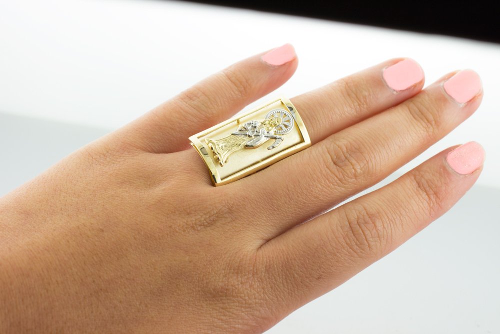 Religious Jewelry 14k Gold Long Santa Muerte Shield Ring (12.7 x 22.8 mm) (White-and-yellow-gold, 7)