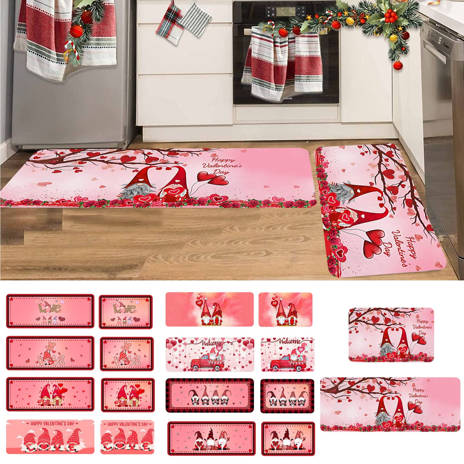 Wtosuhe Valentines Day Decorative Kitchen Mats Set of 2, Pink Love Heart Doormat Gnome Yard Kitchen Rug with Non-Slip Rubber, Spring Seasonal Decorative Floor Mat Doormat (Sweet-03)