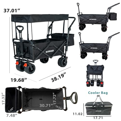 SKYMANOR Collapsible Wagon Folding Garden Cart with Removable Canopy Utility Wagon Cart with All-Terrain Wheels Brake Beach Cart for Sand Heavy Duty Beach Wagon for Camping Shopping (Black)