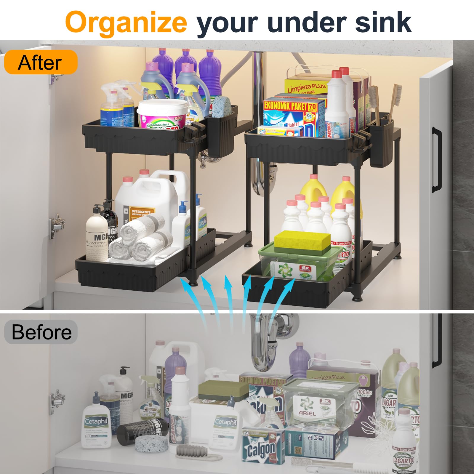 Sevenblue 2 Pack Double Sliding Under Sink Organizers and Storage, 2 Tier Under Bathroom Cabinet Shelf Organizer with Hooks Hanging Cup, Home Organization, Black