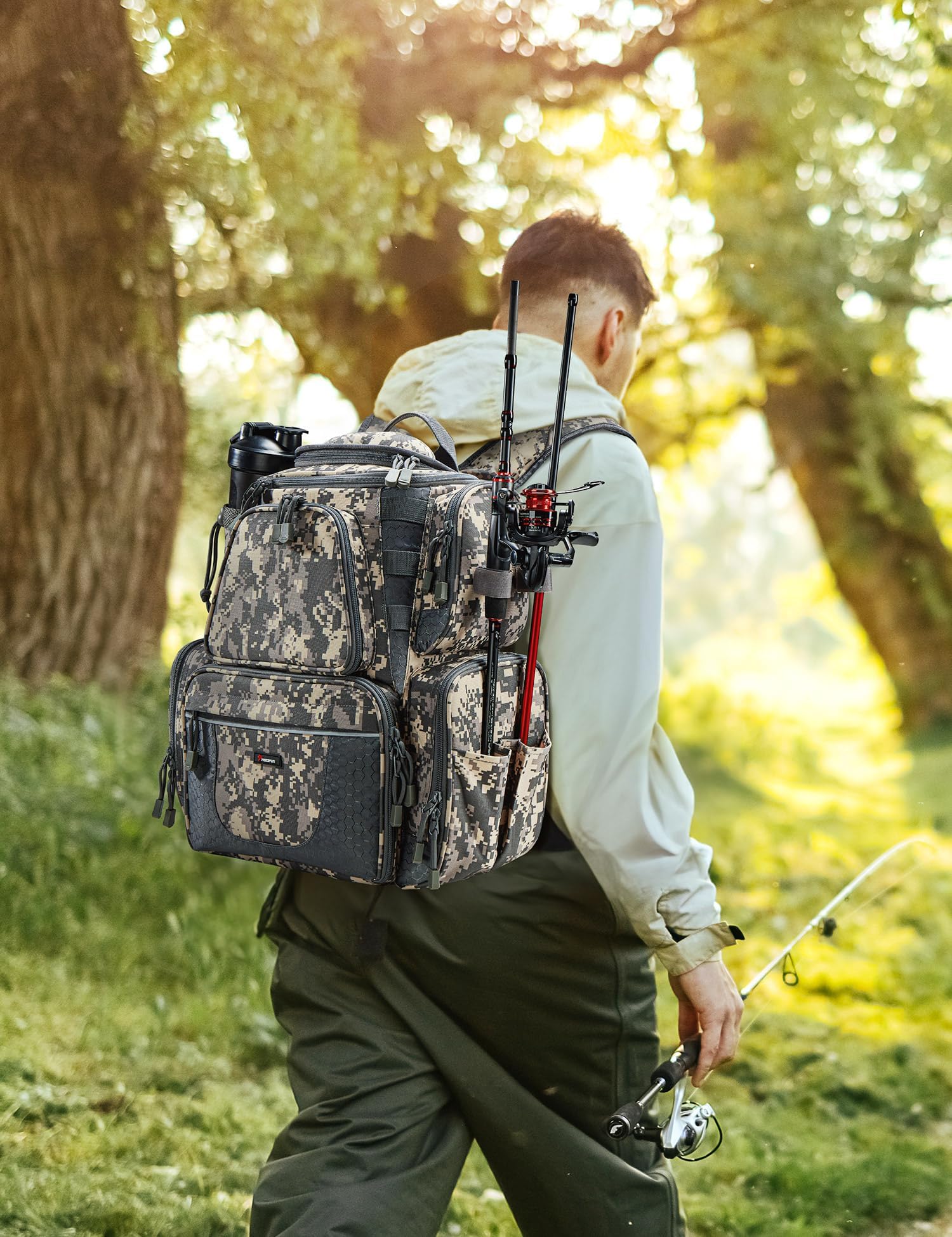 Piscifun Fishing Tackle Backpack with 4 Trays, Large Outdoor Storage Tackle Bag with Protective Rain Cover Digital Camouflage