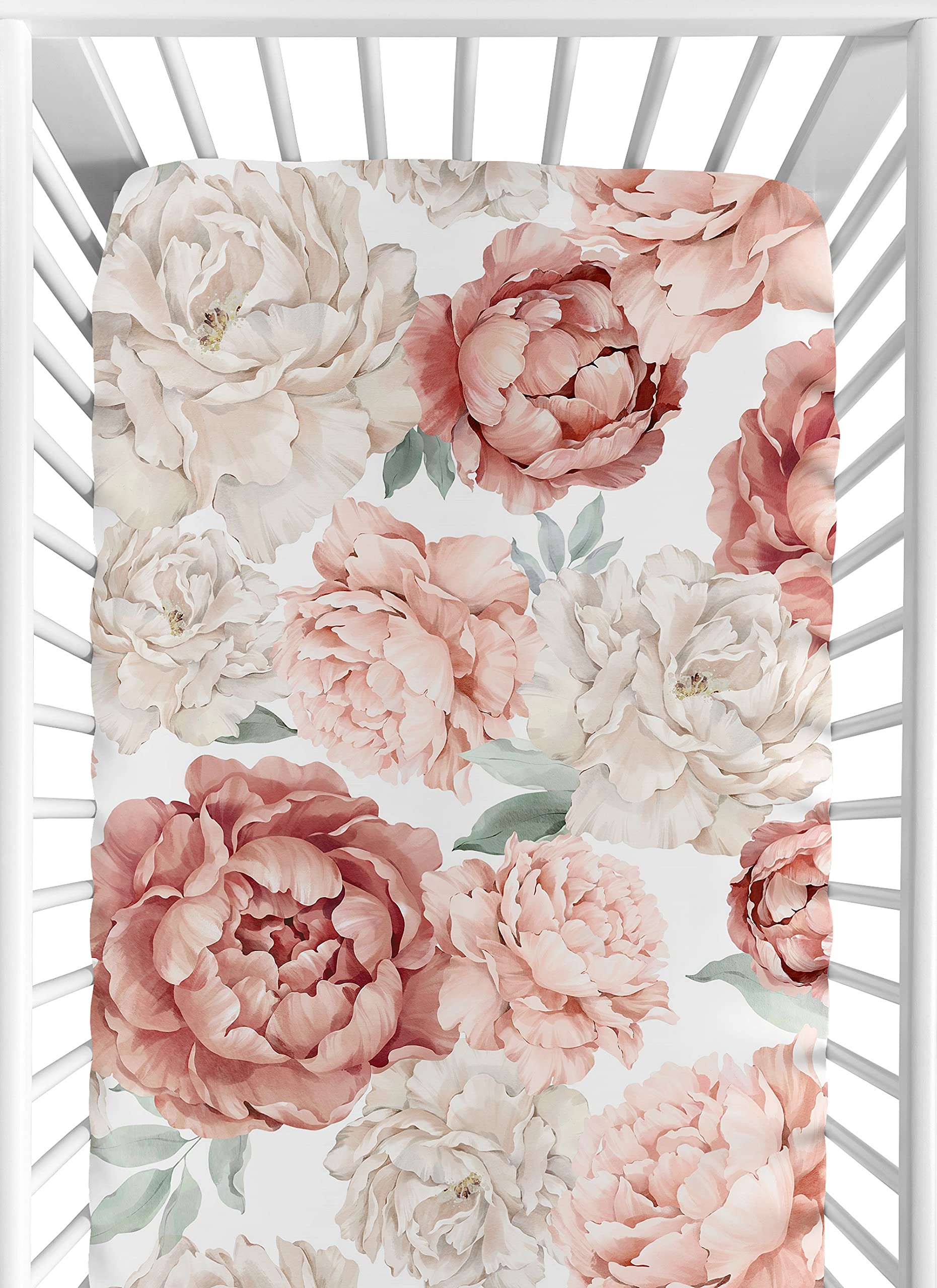 Sweet Jojo Designs Blush Pink Boho Shabby Chic Floral Girl Baby Fitted Crib Sheet for Infant Newborn Nursery Toddler Bed Room Standard Mattress Off White Bohemian Vintage Watercolor Flower Elegant