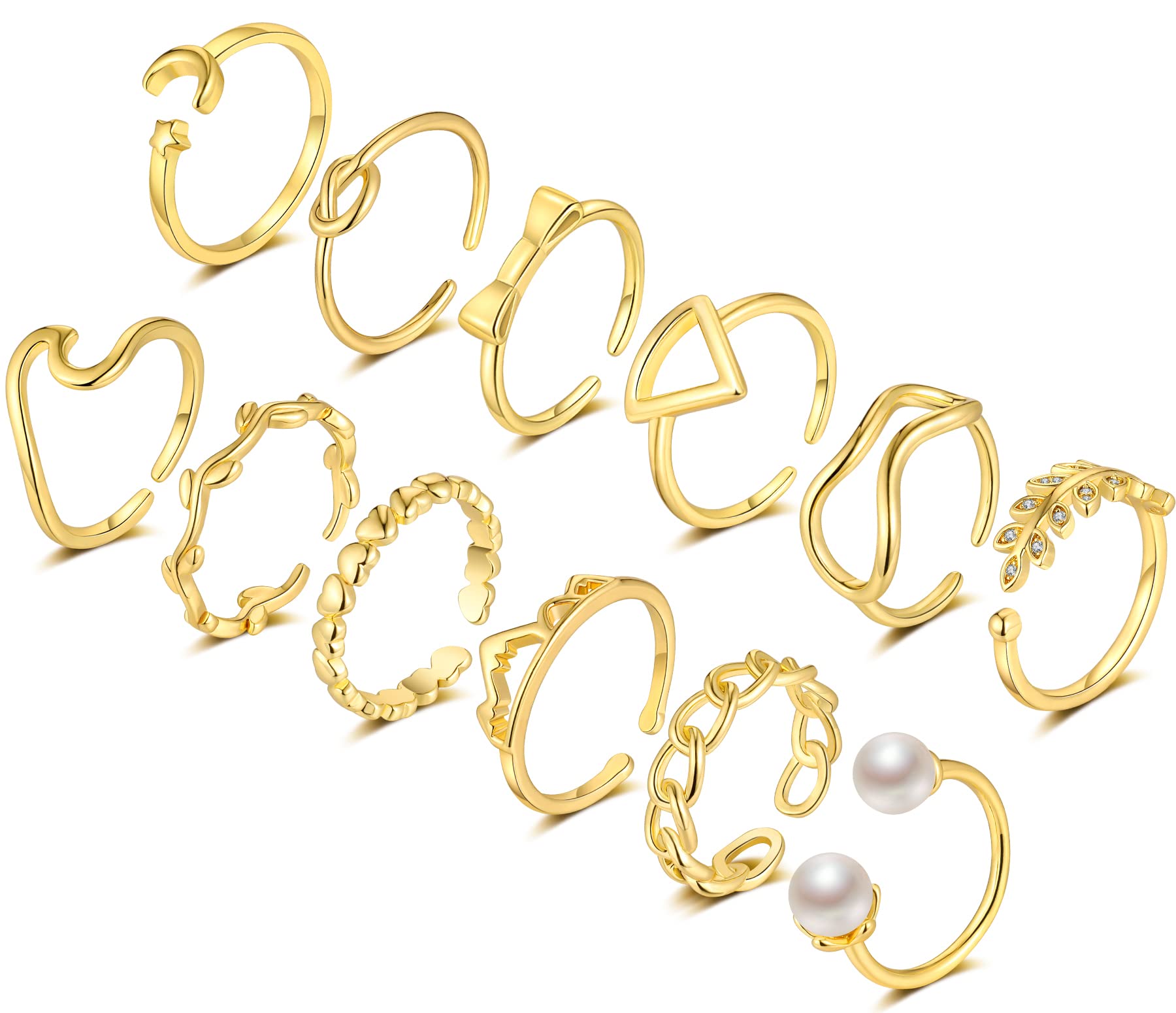 ZOERAY 12PCS Adjustable Stackable Rings for Women 14K Gold Silver Plated Knot Wave Heart Pearl Open Rings Knuckle Thumb Rings Set for Women