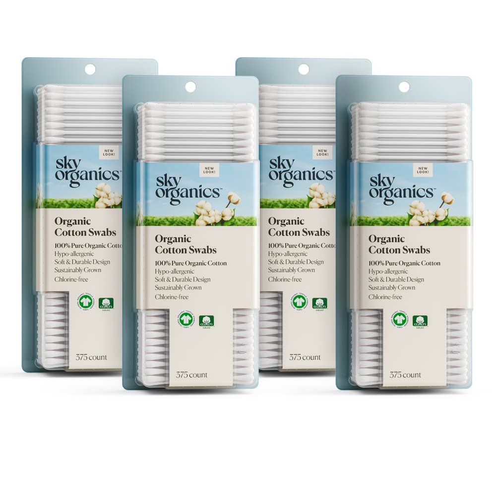 Sky Organics Organic Cotton Swabs for Sensitive Skin, 100% Pure GOTS Certified Organic for Beauty & Personal Care, 4 Pack with Ebook