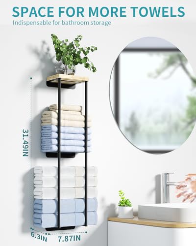 Towel Racks for Bathroom, 2 Tier Wall Towel Holder with Wood Shelf, Metal Wall Towel Rack Mounted Towel Storage for Small Bathroom (Black