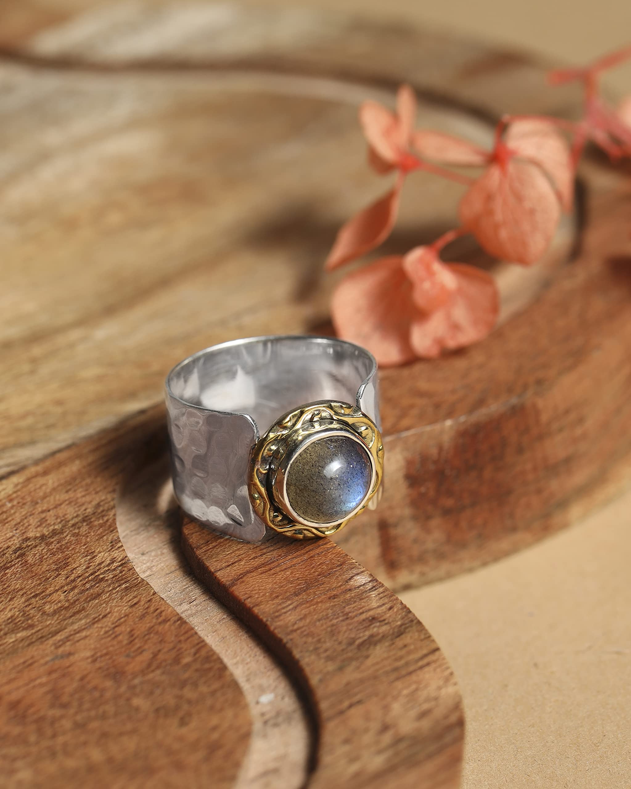 YoTreasure Labradorite Solid 925 Sterling Silver Brass Wide Band Bold Ring