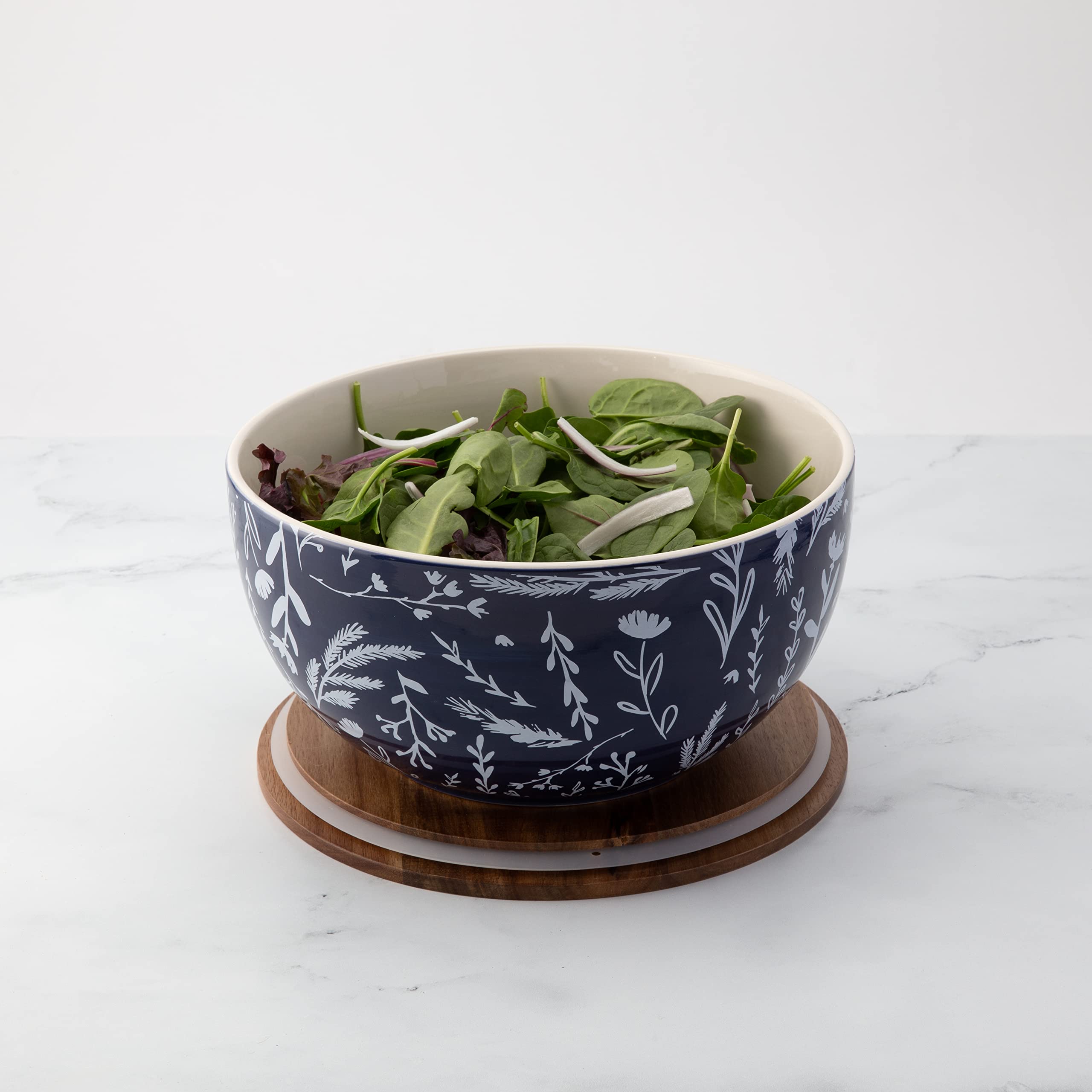 Thirstystone Set of 3 Ceramic Mixing/Salad Bowls with 2 Acacia Wood Lids Attractive Floral Designs Small Medium & Large Bowls