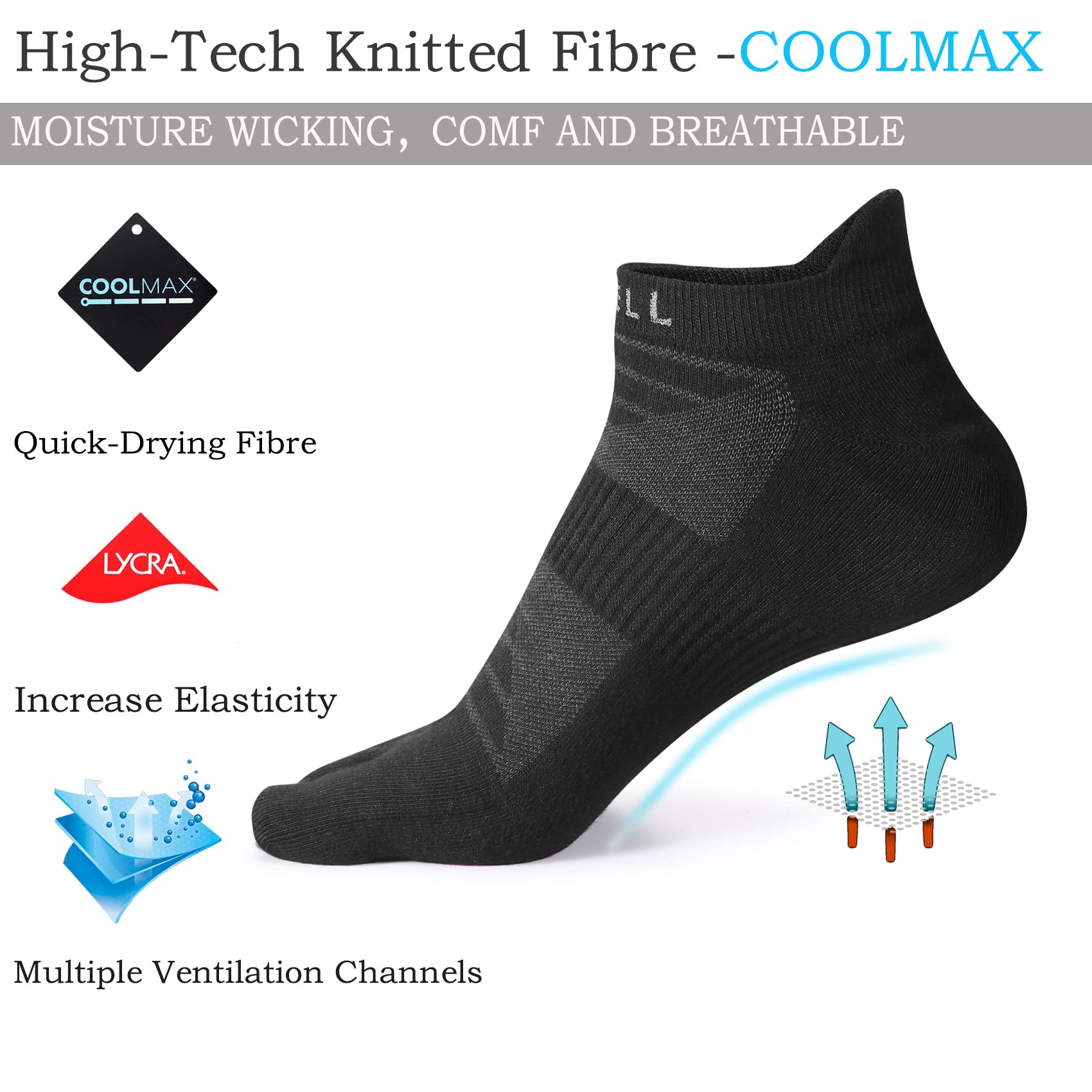 VWELL Toe Socks for Men Women Coolmax Five Toe Socks, High Performance Five Finger Socks Ankle Running 5 Toe Socks, 3 Pairs
