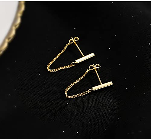 Reffeer Solid 925 Sterling Silver Bar Chain Dangle Earrings Drops for Women Teen Girls Bar Drop Earrings Chain Studs (A-Gold)