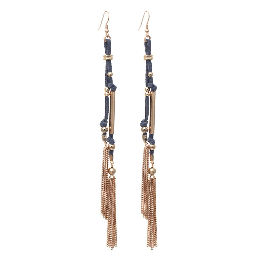Rosemarie Collections Women's Boho Chic Colorful Vegan Suede With Chain Link Fringe Tassel Extra Long Statement Making Shoulder Duster Dangle Earrings, 7" (Slate Blue)