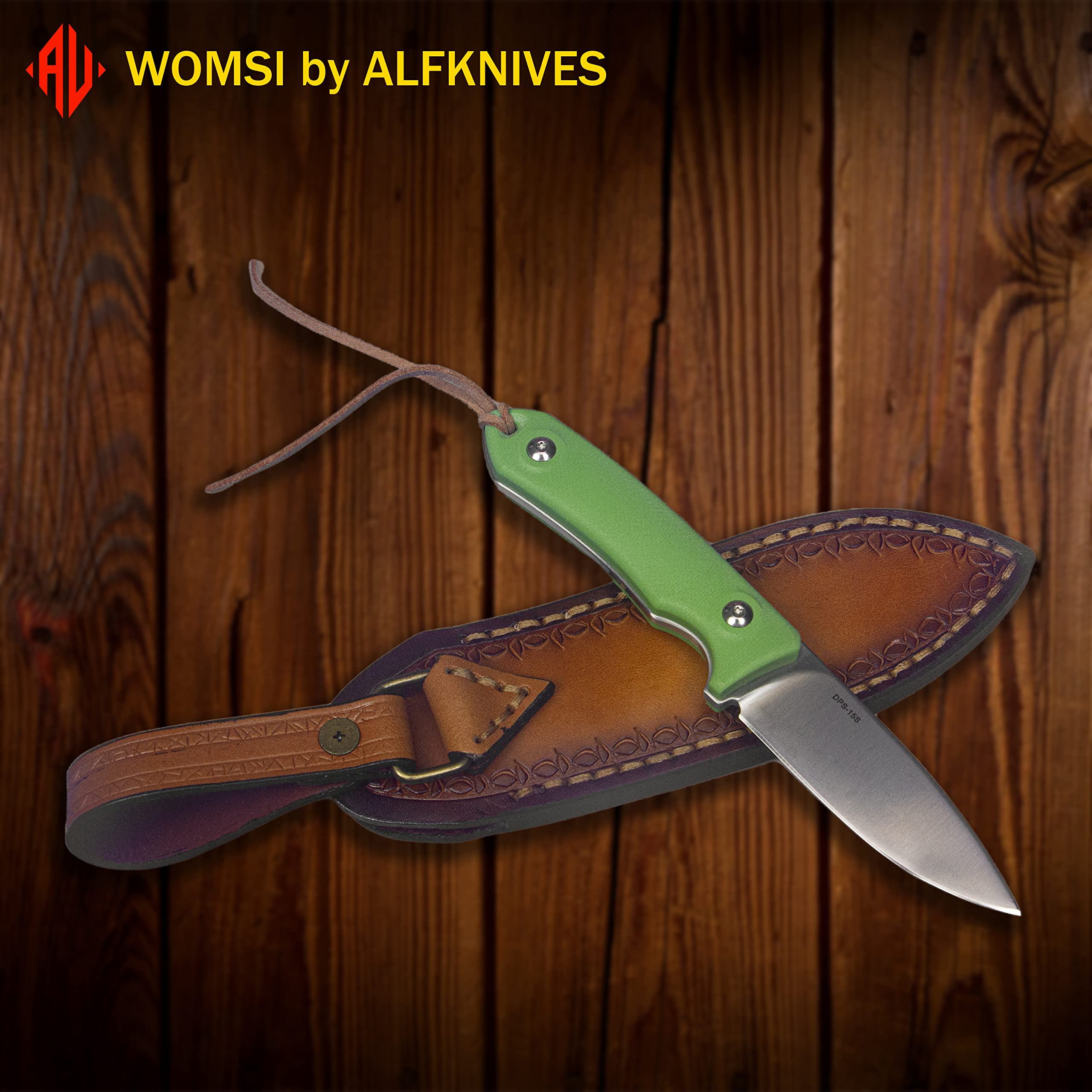 WOMSI Hunting Knife,Full Tang 6.57",DPS15-S Power Steel Blade,Sonorous&durable G10 Handle with Leather Sheath(Green)