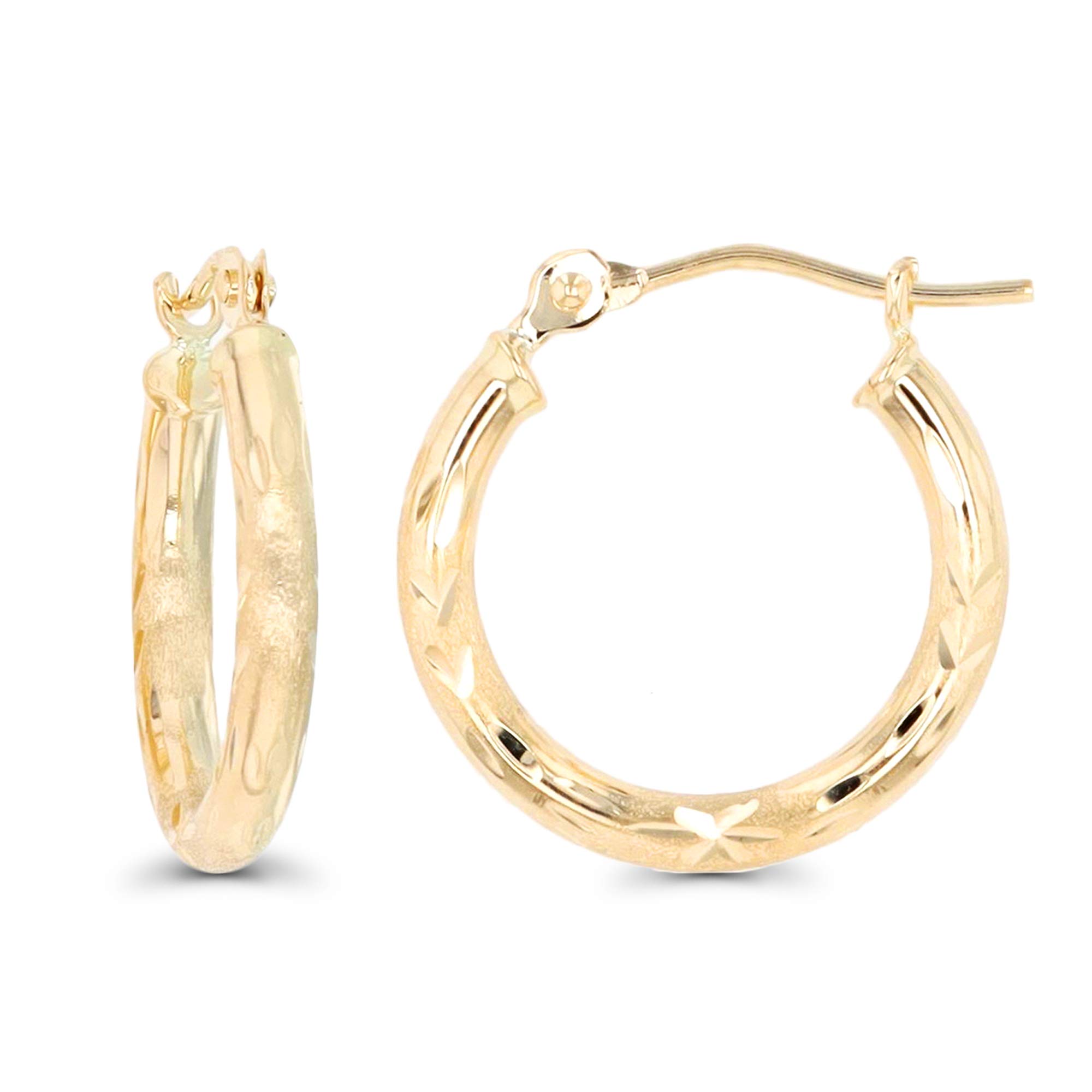 Solid 14K Yellow Gold Diamond Star Cut Hoop Earrings with Hinged Clasp | 2x15mm Hoop | Hypoallergenic Hoops For Sensitive Ears | Round Star Diamond Cut Earrings For Women