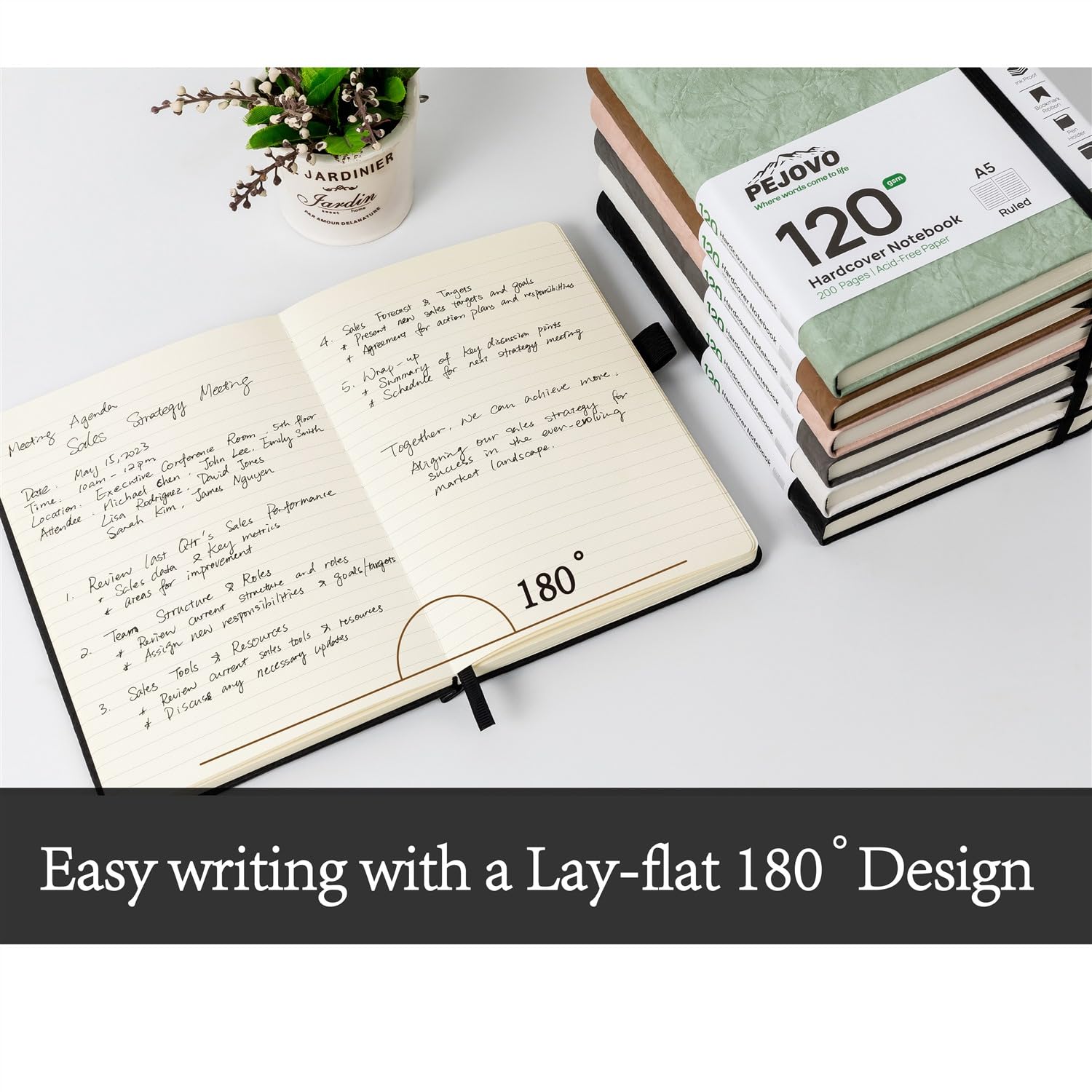 Pejovo A5 Lined Leather Journal Notebook With Pen, (Black), 200 Pages, Medium 5.9×8.4 inches - 120gsm Thick Paper, Sturdy Hardcover Journal for Men Women Writing, Daily Diary and Note Taking