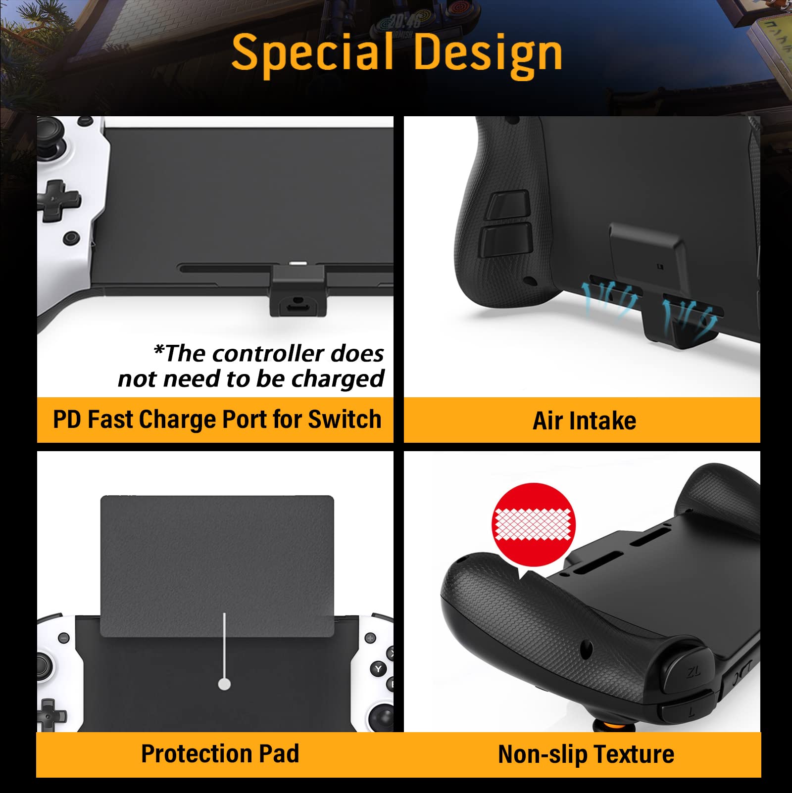 YOUHODA Ergonomic Nintendo Switch/Switch OLED Controller Grip for Handheld Mode with 6-Axis Gyro, Back Button Mapping, Vibration, PD Fast Charge