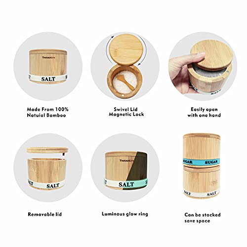 ThougrLyh Salt Sugar Container Sets 2 Bamboo Salt and Sugar Bowls with Lid and Spoon Spices Cellar Magnetic Swivel Lid Kitchen Salt Box Holder Sugar Jar 13oz Capacity